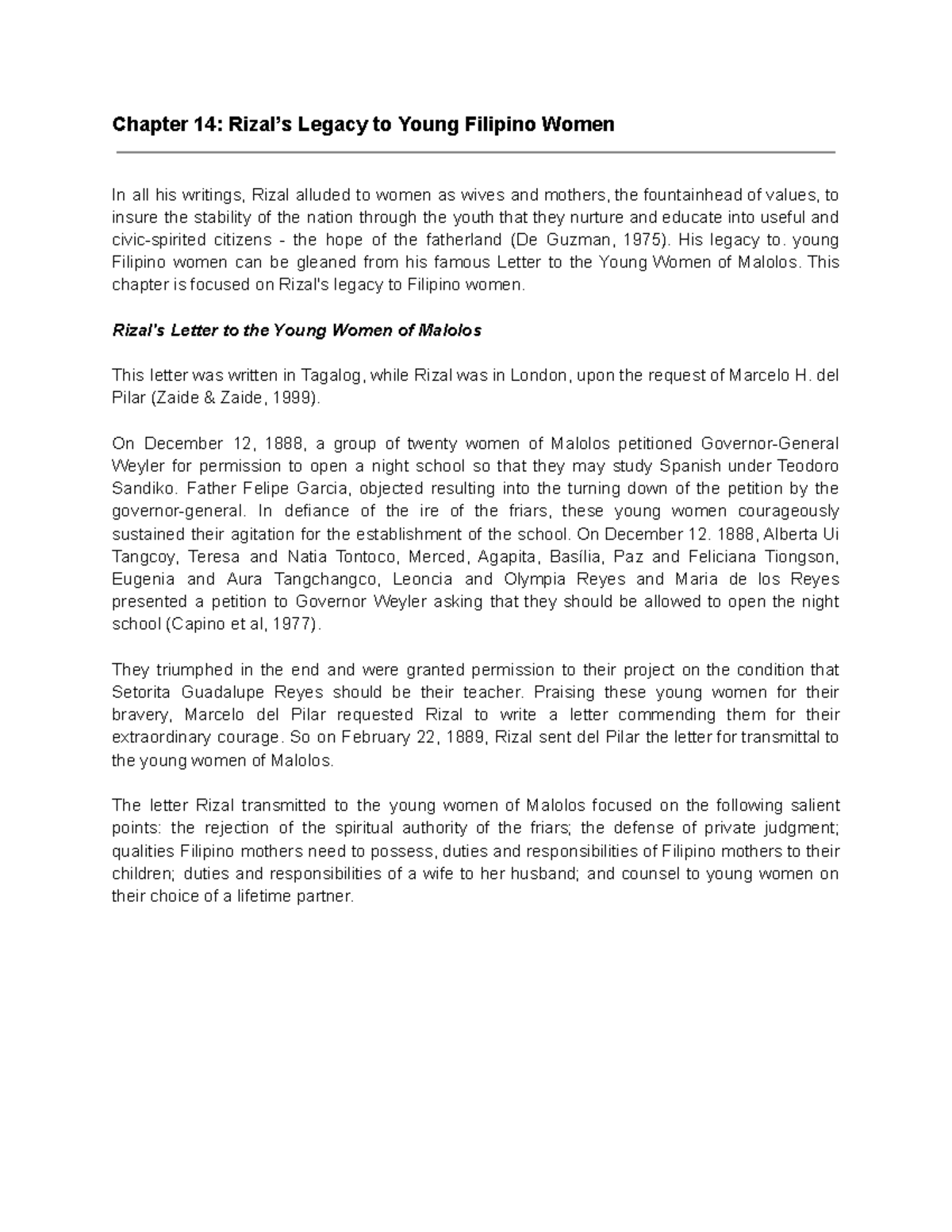Chapter 14 Rizal - Chapter 14: Rizal’s Legacy to Young Filipino Women ...