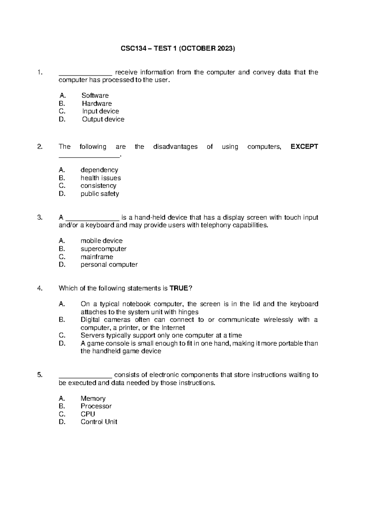 Document 2 - csc is fun - CSC134 – TEST 1 (OCTOBER 2023 ...