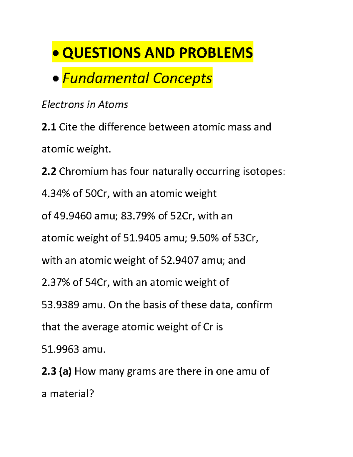 Questions AND Problems fundamental concepts - QUESTIONS AND PROBLEMS ...
