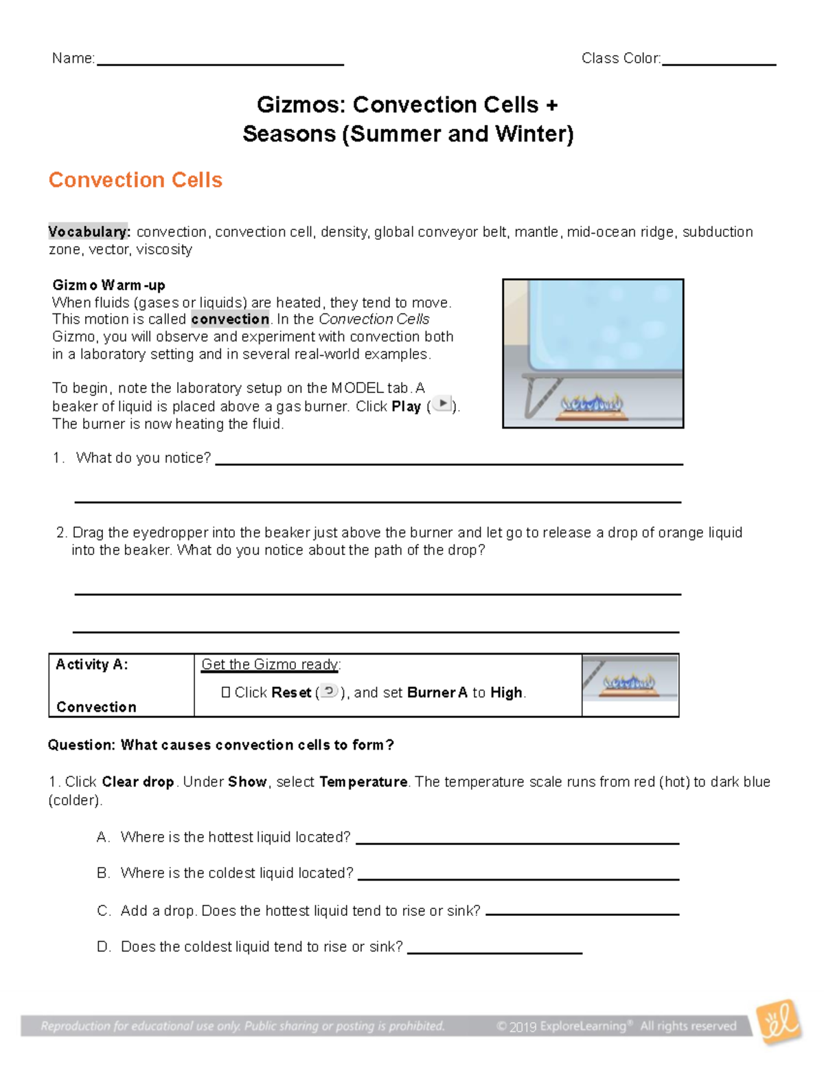 Convection Cellsand Seasons Gizmo - Name: Class Color: Gizmos ...