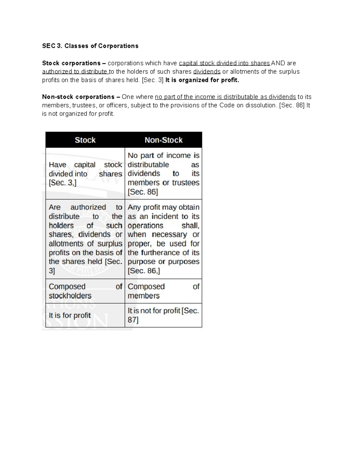 Law on Corporation Sec 3 - SEC 3. Classes of Corporations Stock ...