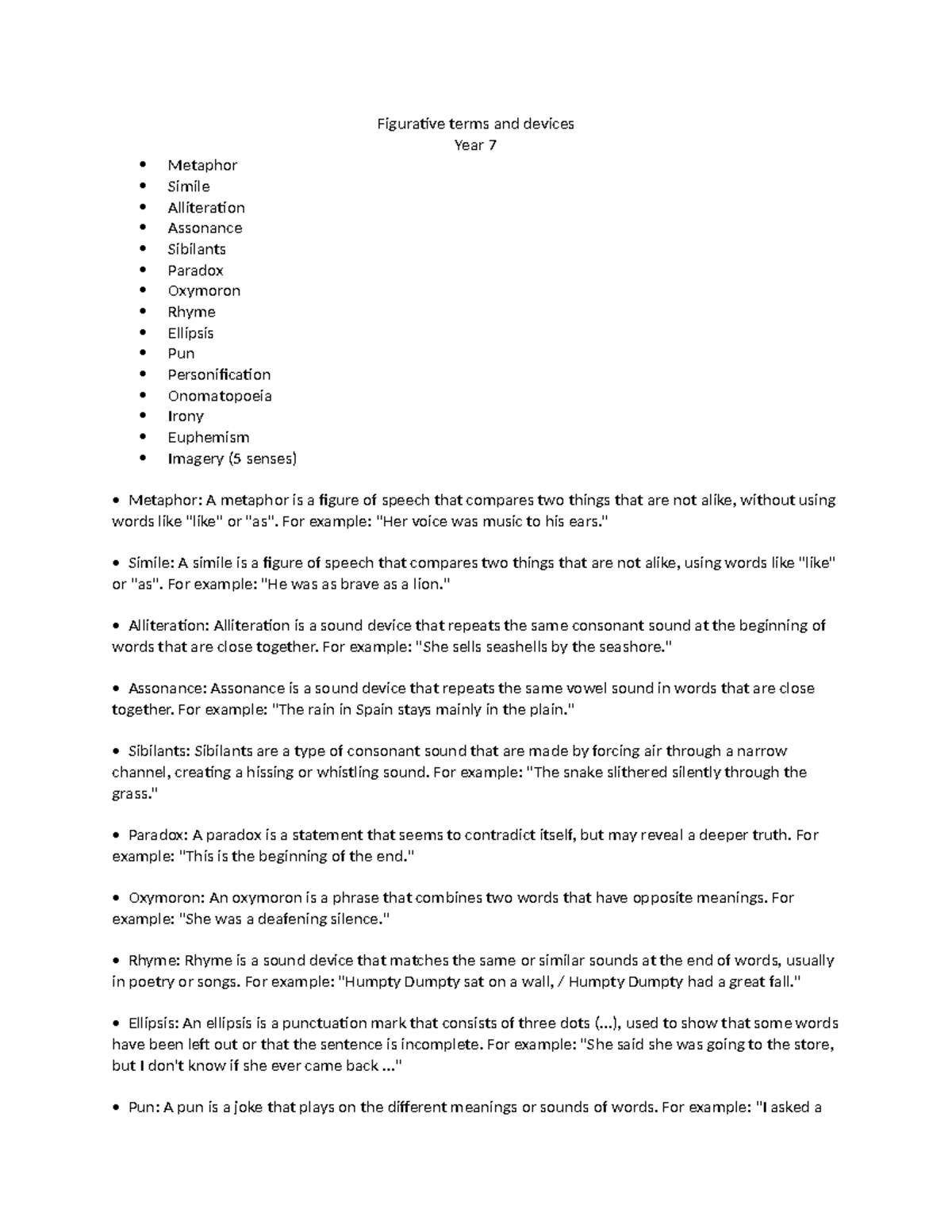 Figurative devices worksheet - Figurative terms and devices Year 7 ...