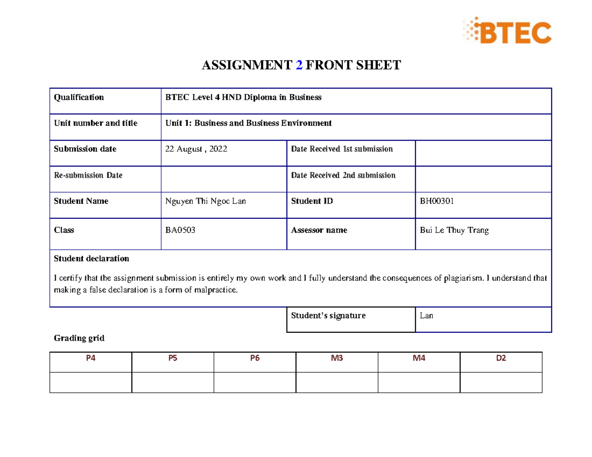 Lan asm 2 bbe - Bài này chỉ pass thui - ASSIGNMENT 2 FRONT SHEET ...