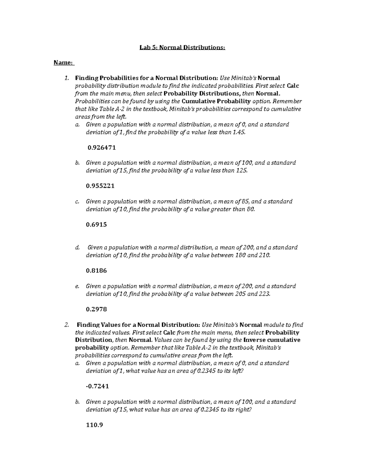 Lab 5 - Minitab Assignment 5 - Lab 5: Normal Distributions: Name: 1 ...