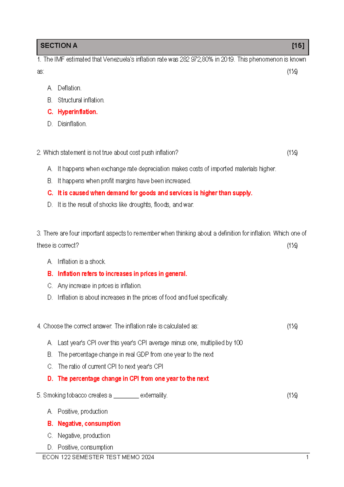 ECON 122 Semester TEST MEMO 2024 - ECON 122 SEMESTER TEST MEMO 2024 1 ...