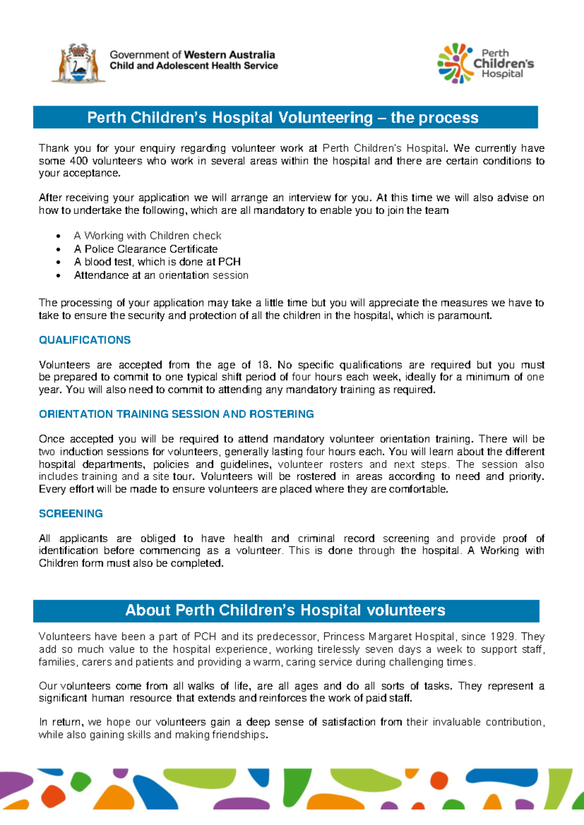 PCH Volunteer application form - Perth Children’s Hospital Volunteering ...