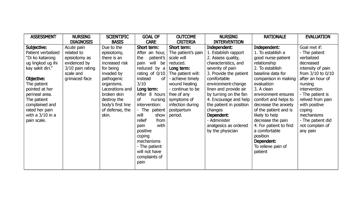 Nursing Care Plan Nursing Care Plan For Episiotomy Pain ASSESSMENT