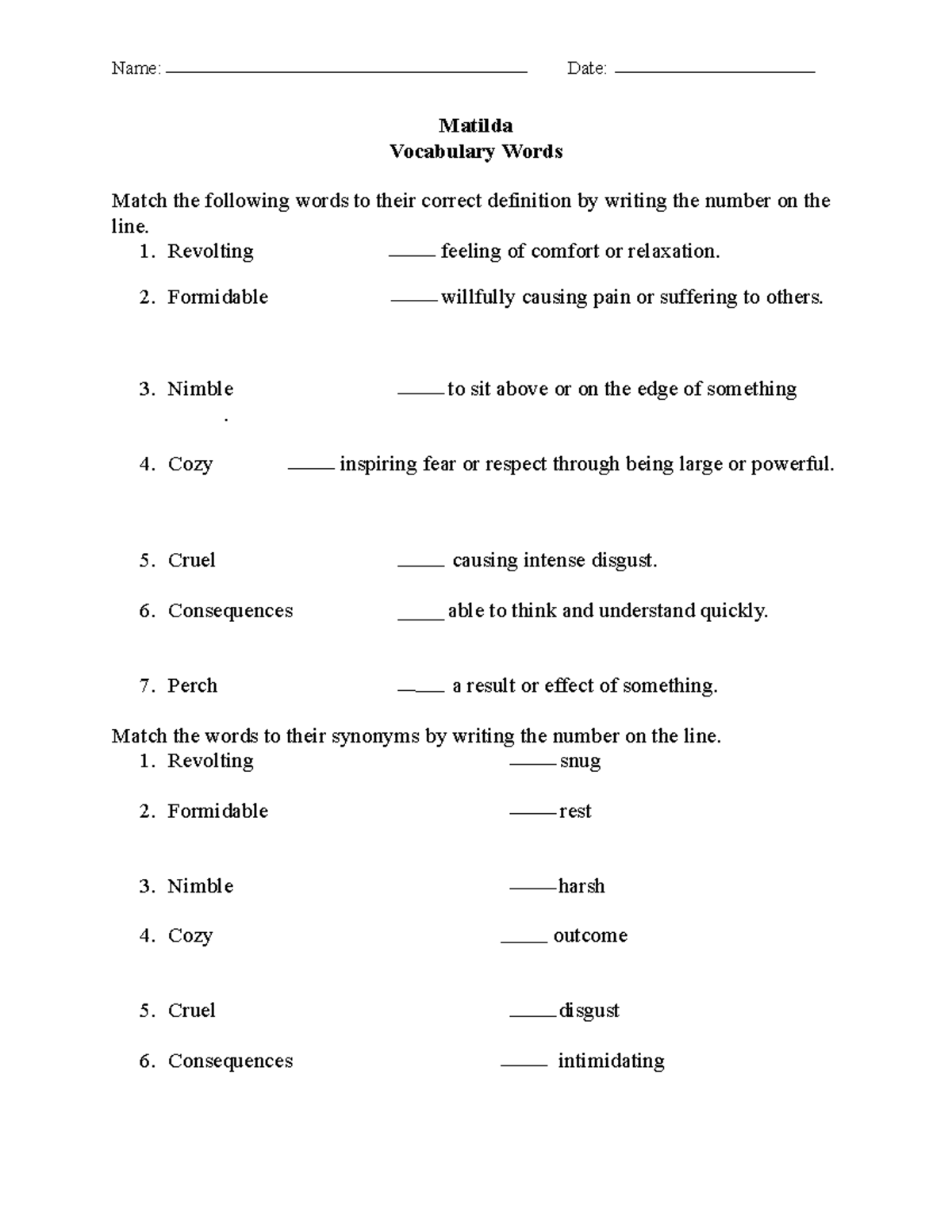 Matilda Vocabulary Summary Notes - Name: Date: Matilda Vocabulary Words ...