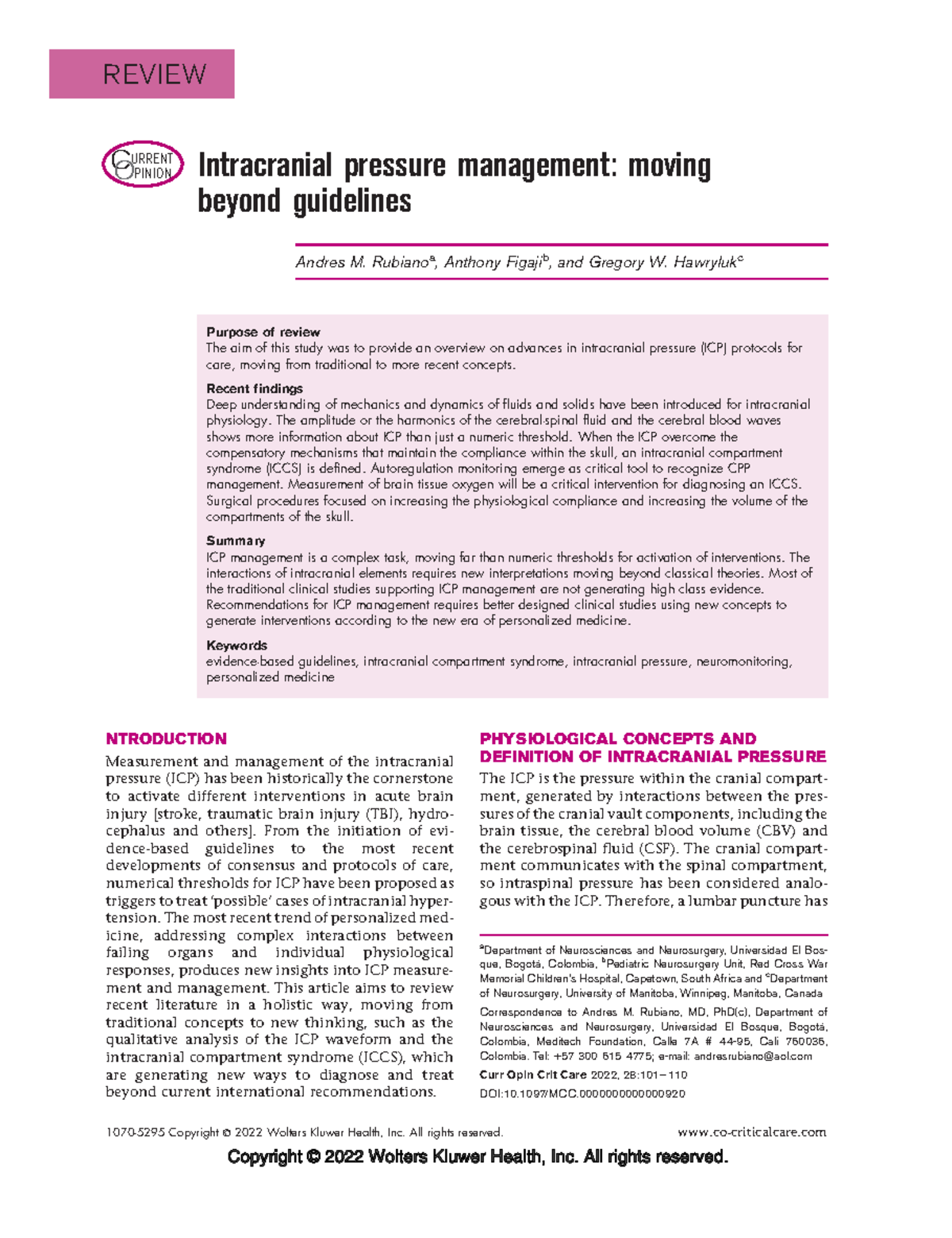Intracranial pressure management moving beyond guidelines - Rubianoa, Anthony Figajib, and ...