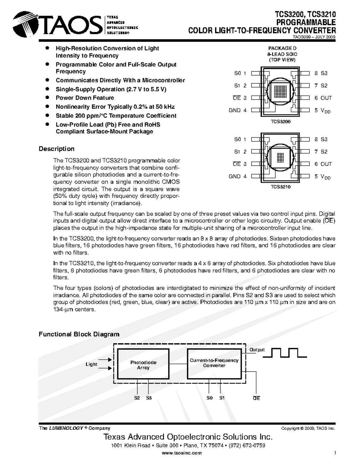 TCS3200 Color Light to Frequency Converter Datasheet - PROGRAMMABLE ...