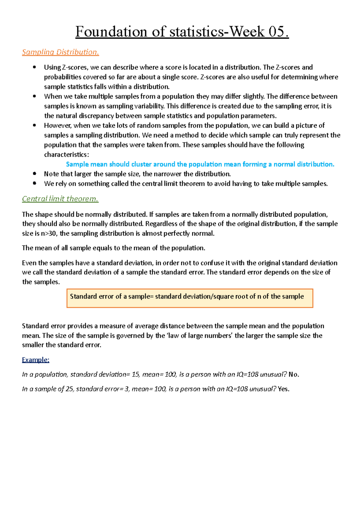 Foundation of statistics- Week 05 - Sampling Distribution. Using Z ...