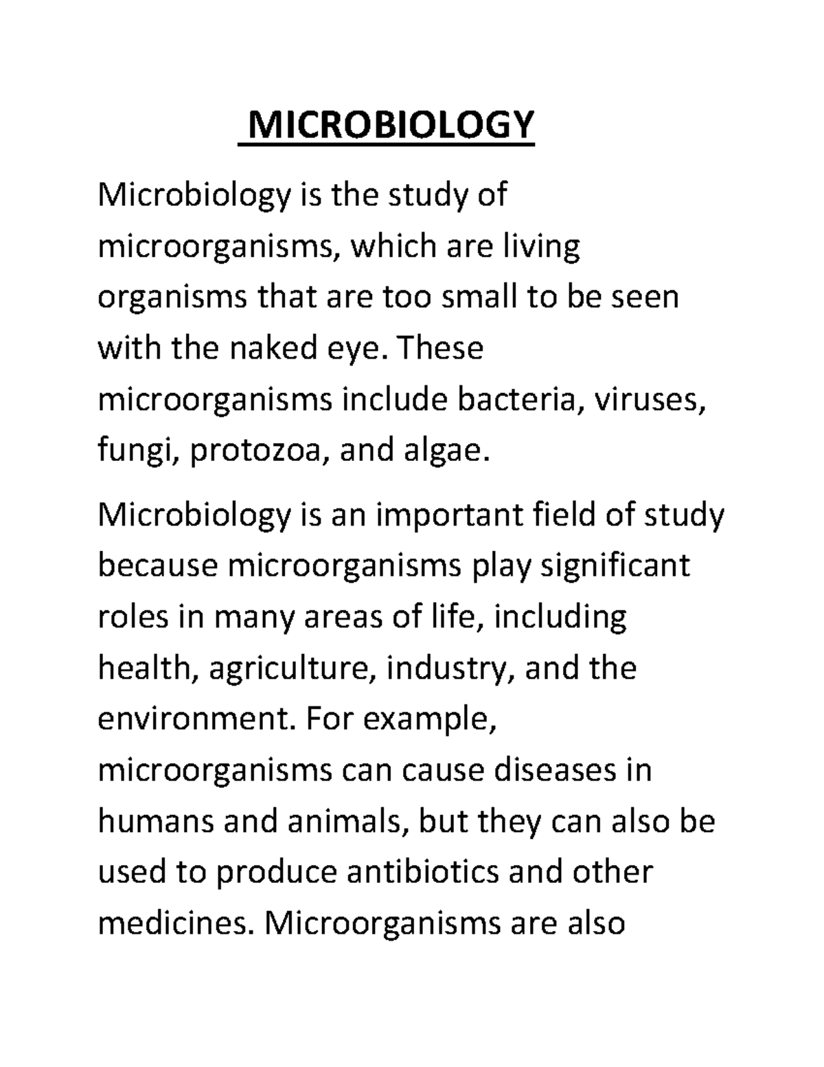 Microbiology notes 1 - MICROBIOLOGY Microbiology is the study of ...