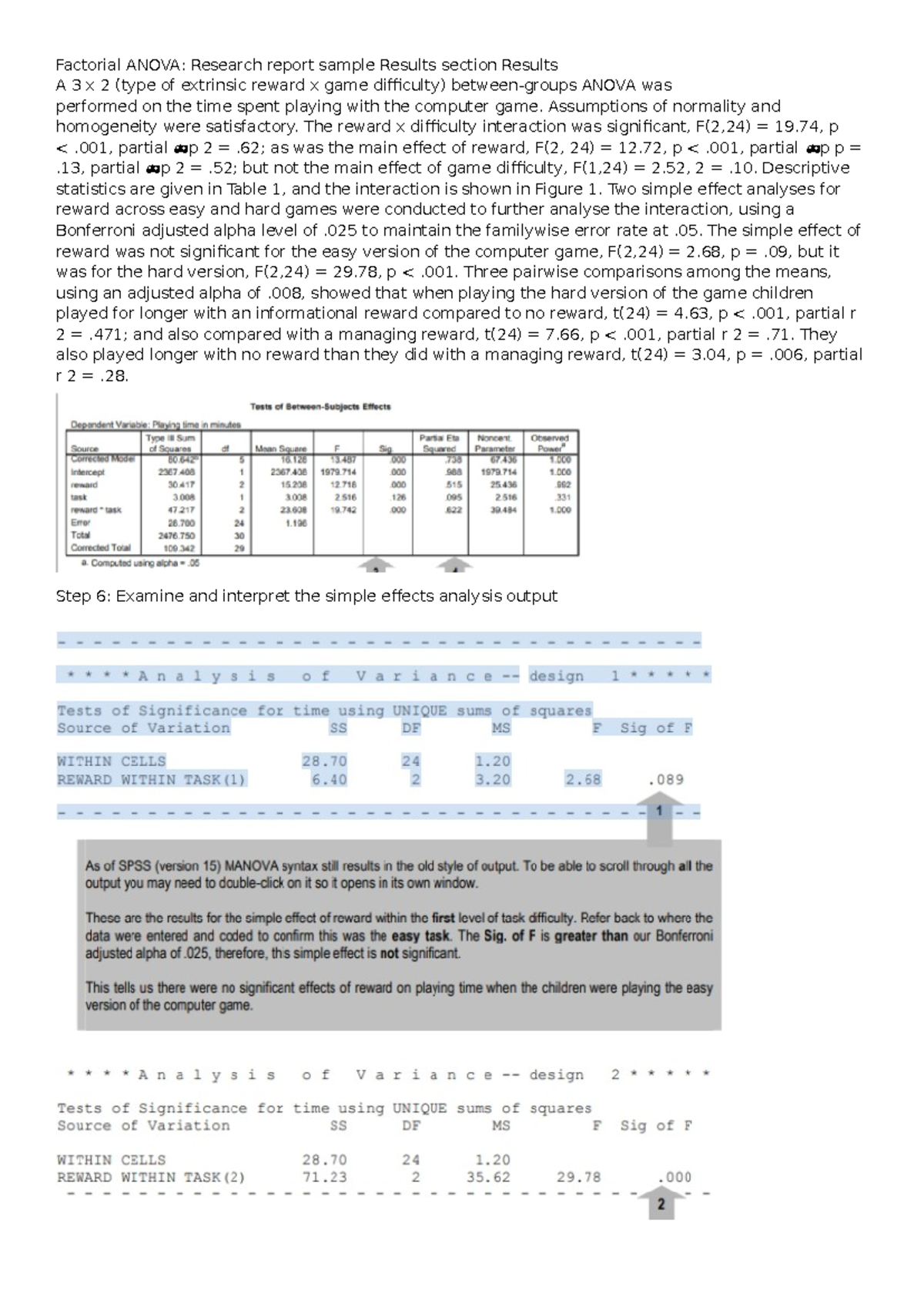 Example - Factorial ANOVA: Research report sample Results section ...