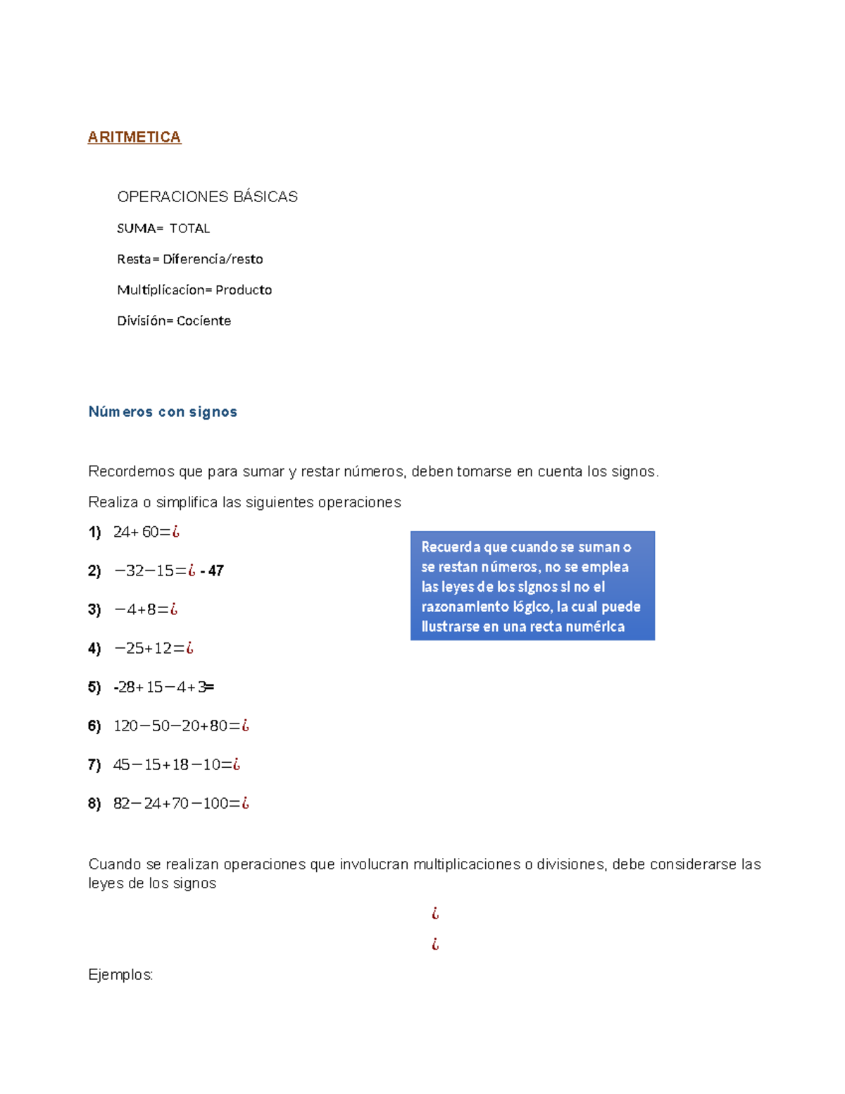 1. Números con signos y Jerarquia de operaciones - ARITMETICA ...