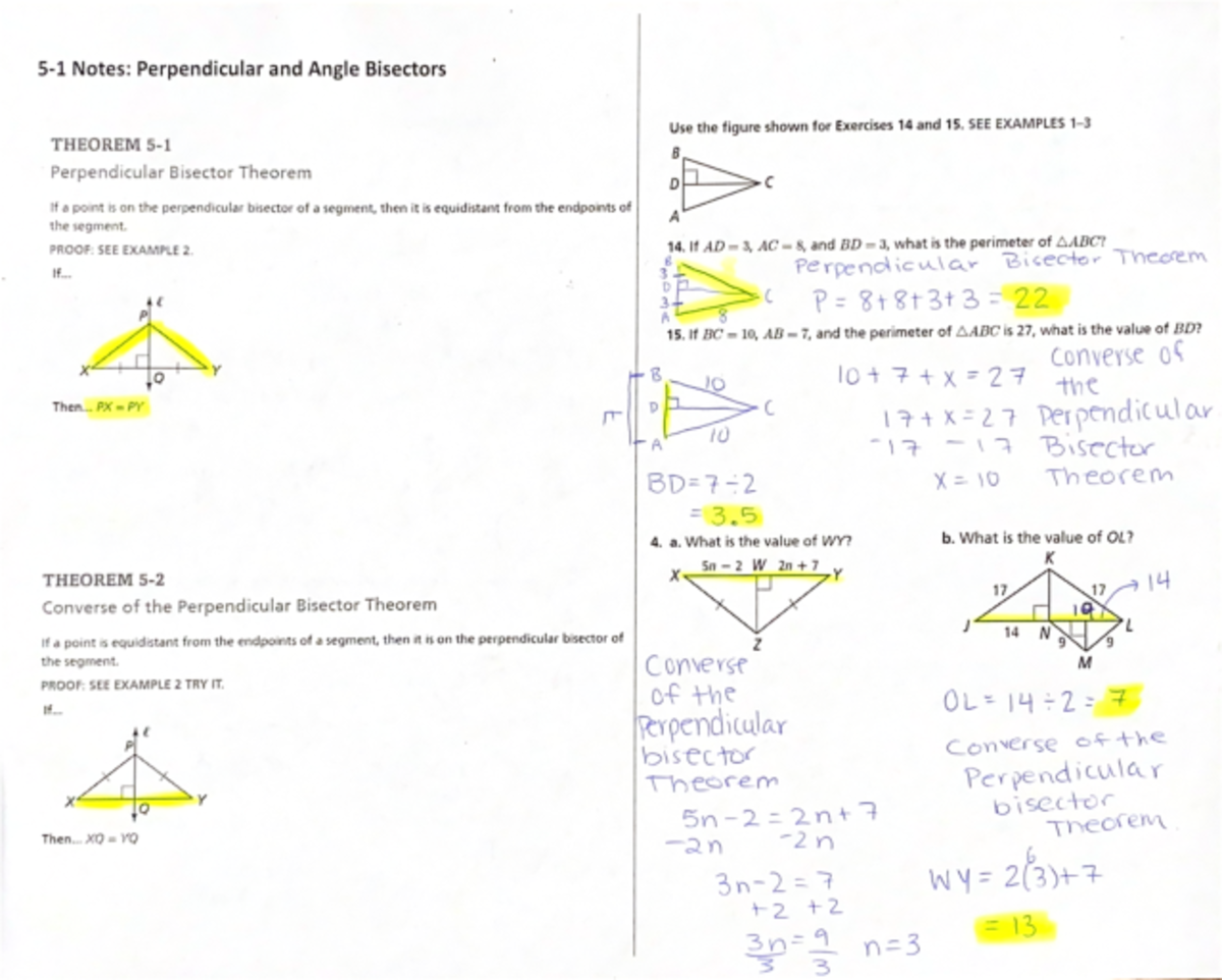 5-1 Notes Perpendicular and Angle Bisectors - Studocu