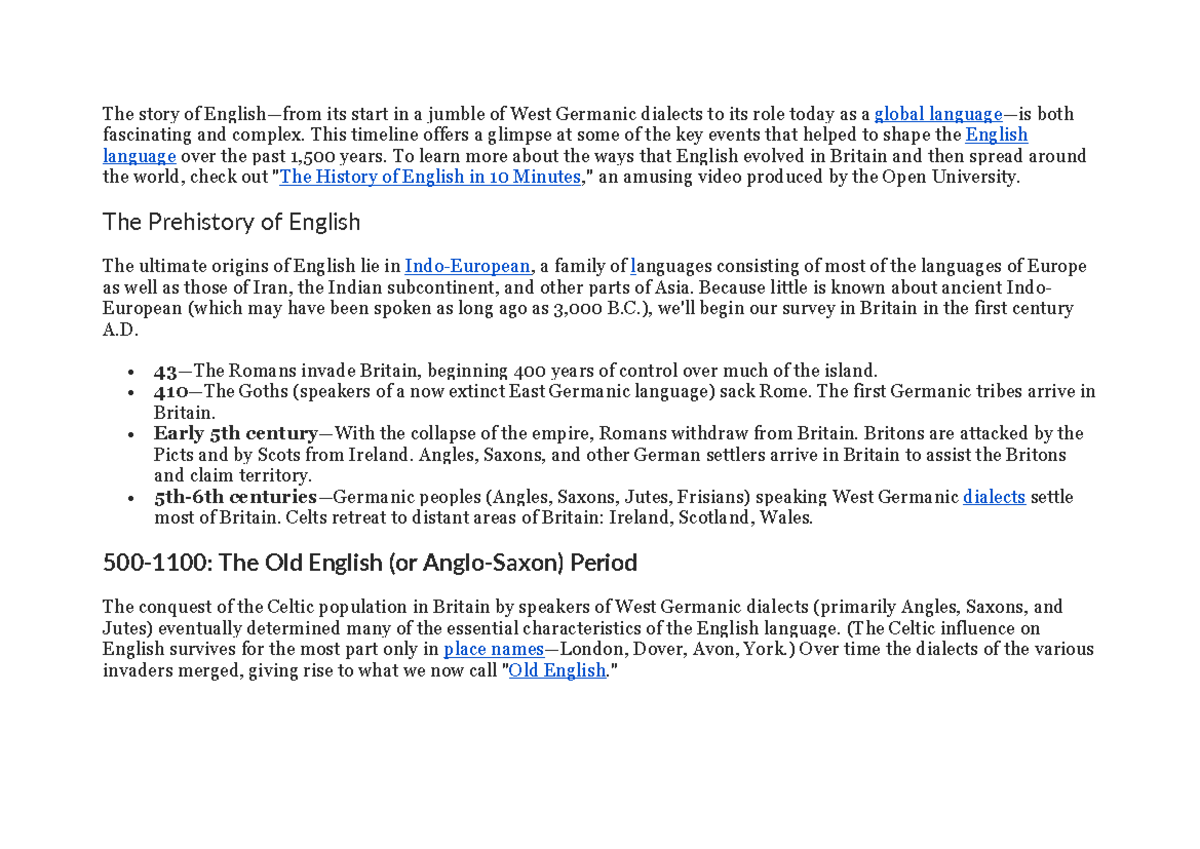 Notes History of English Language - The story of English—from its start ...