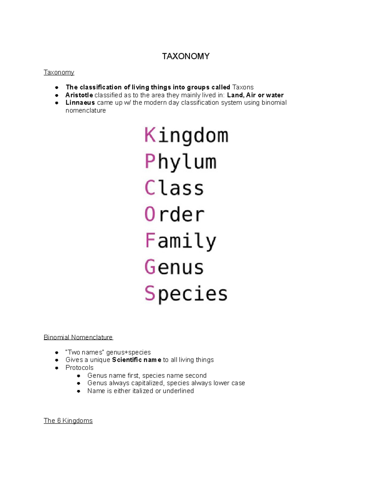 Life Science Notes 5 Part 2 Taxonomy - TAXONOMY Taxonomy The ...