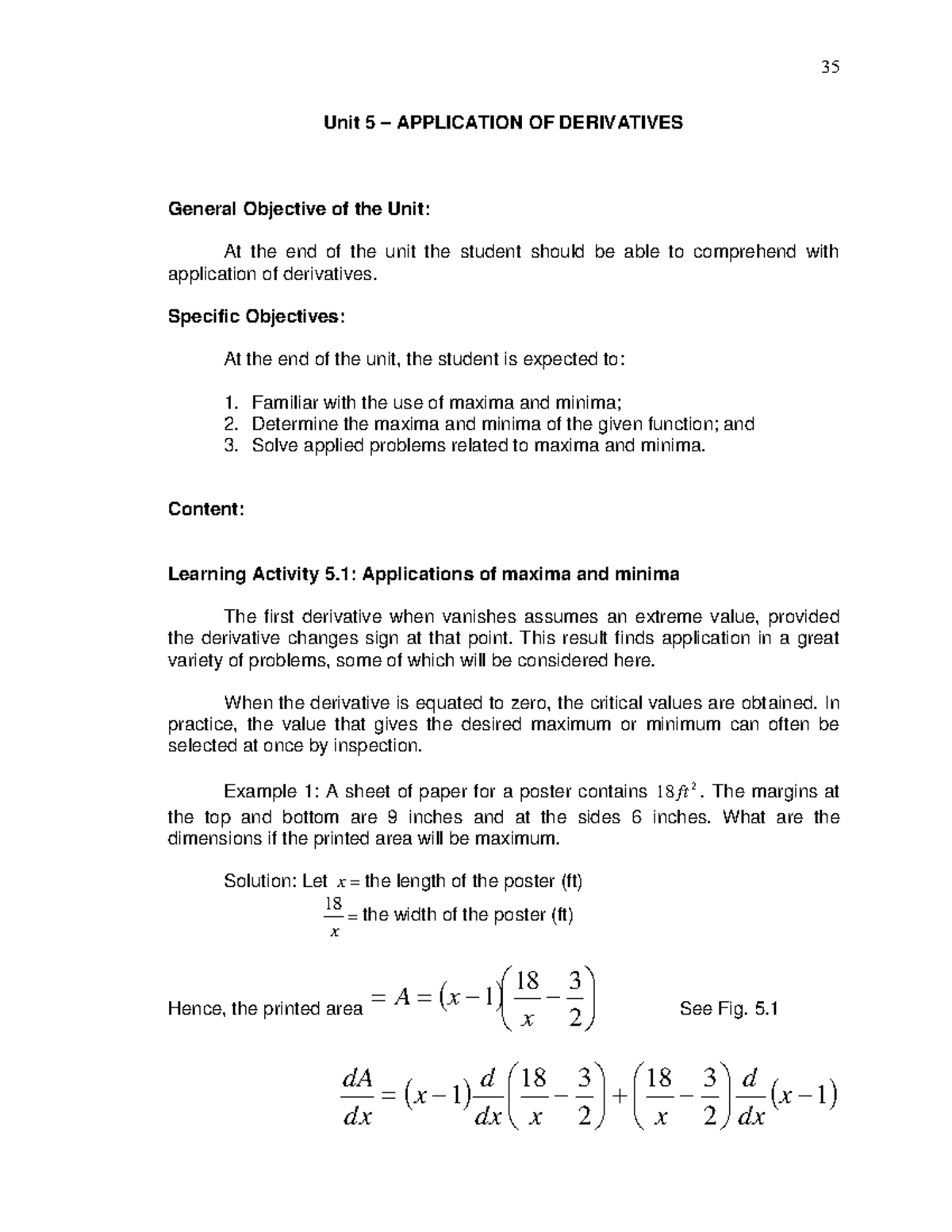 Unit 5 Application of Derivates - Unit 5 – APPLICATION OF DERIVATIVES ...