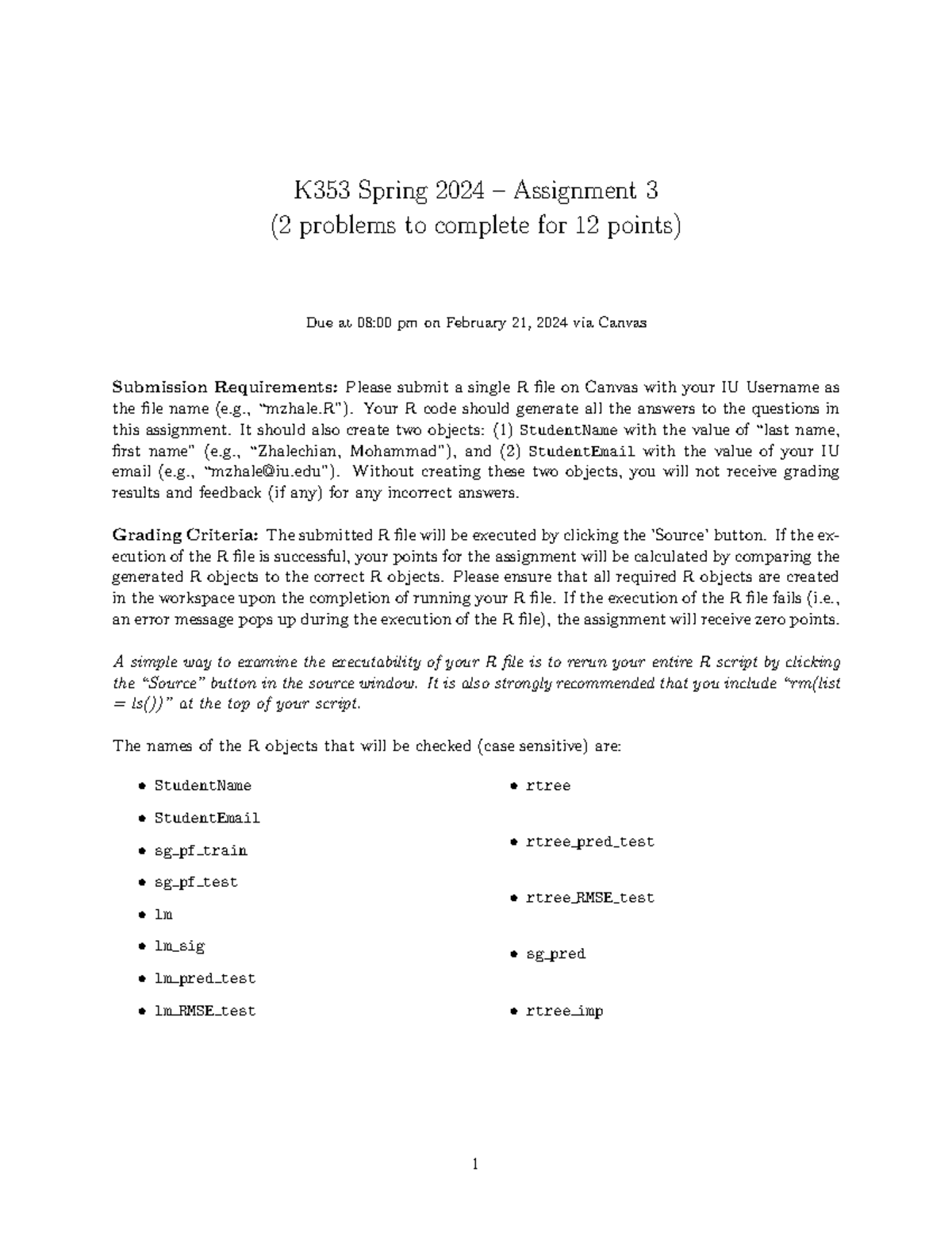 Assignment 3: BUS-K353 - K353 Spring 2024 – Assignment 3 (2 problems to complete for 12 points ...
