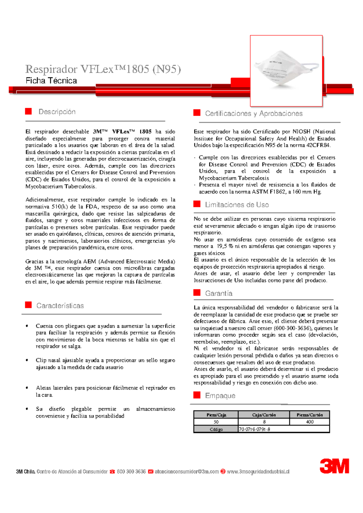 3M Protección Respiratoria Desechable - 1805 - Respirador VFLex™1805 ...