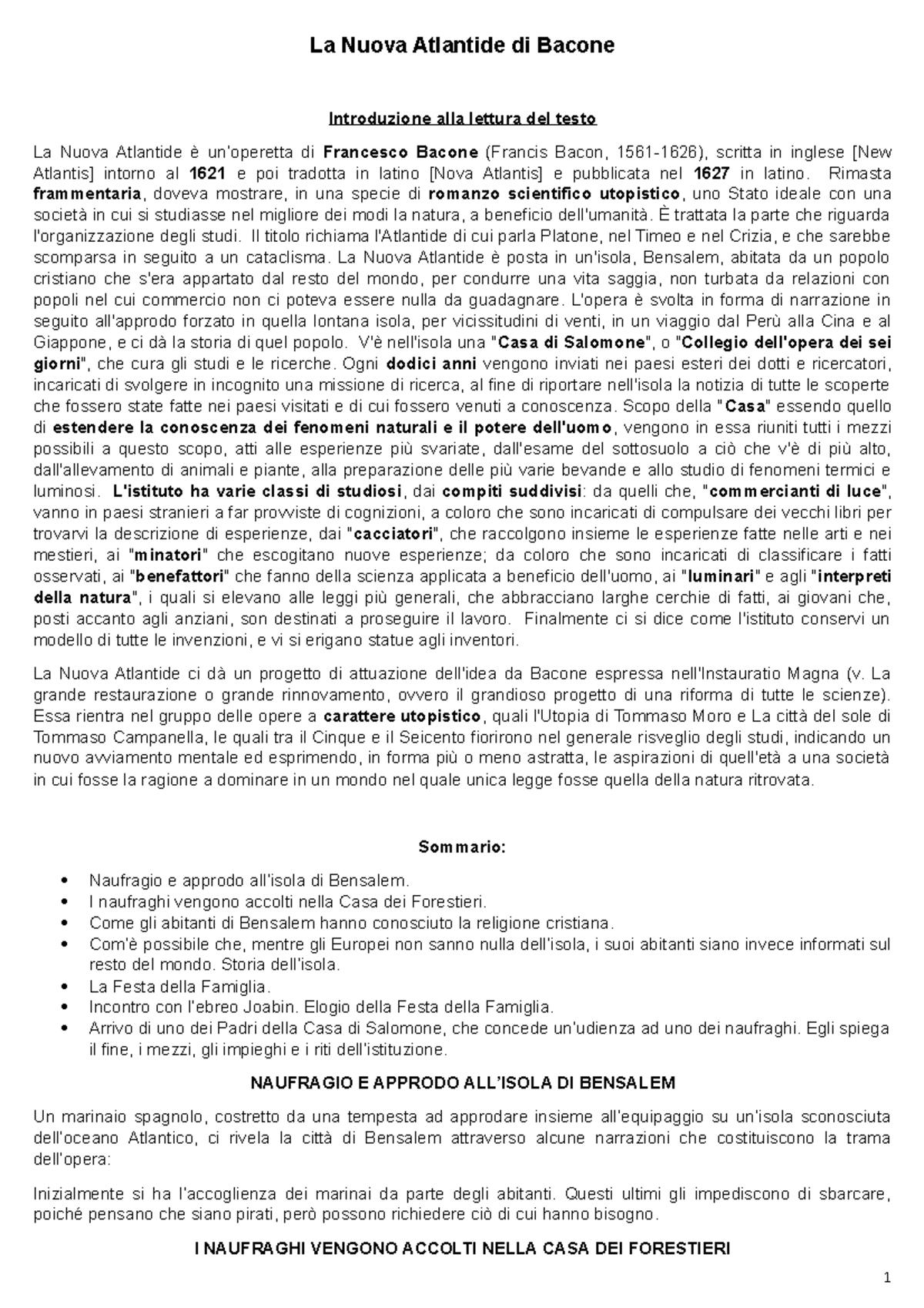 LA Nuova Atlantide- Bacone, Sintesi - La Nuova Atlantide di Bacone ...