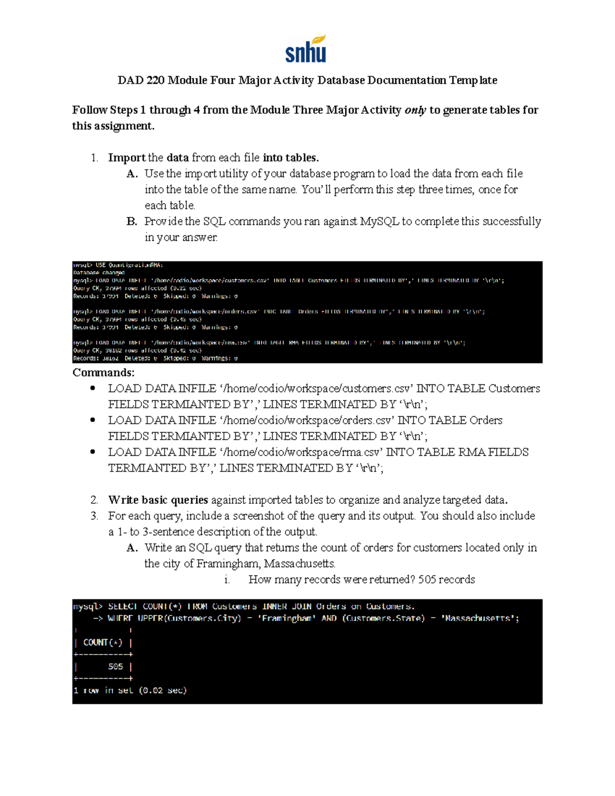 Dad 220 Module Four Major Activity Database Documentation Template Import The Data From Each