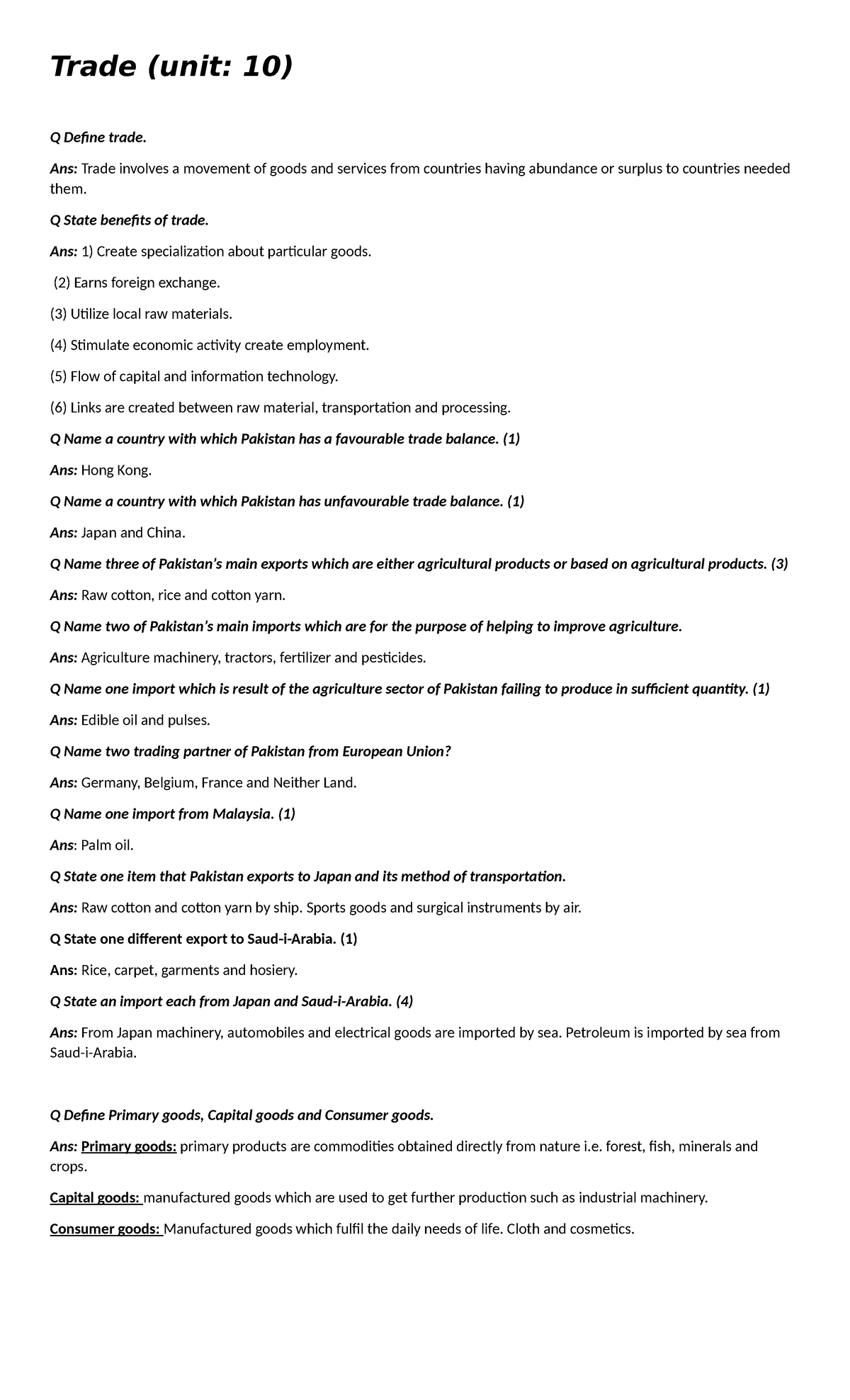 Chap10 Trade - Trade (unit: 10) Q Define trade. Ans: Trade involves a ...