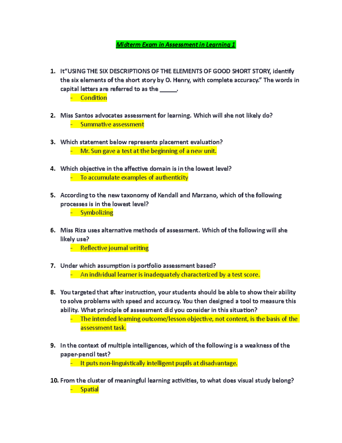 Midterm Exam In Assessment In Learning 1 Henry With Complete