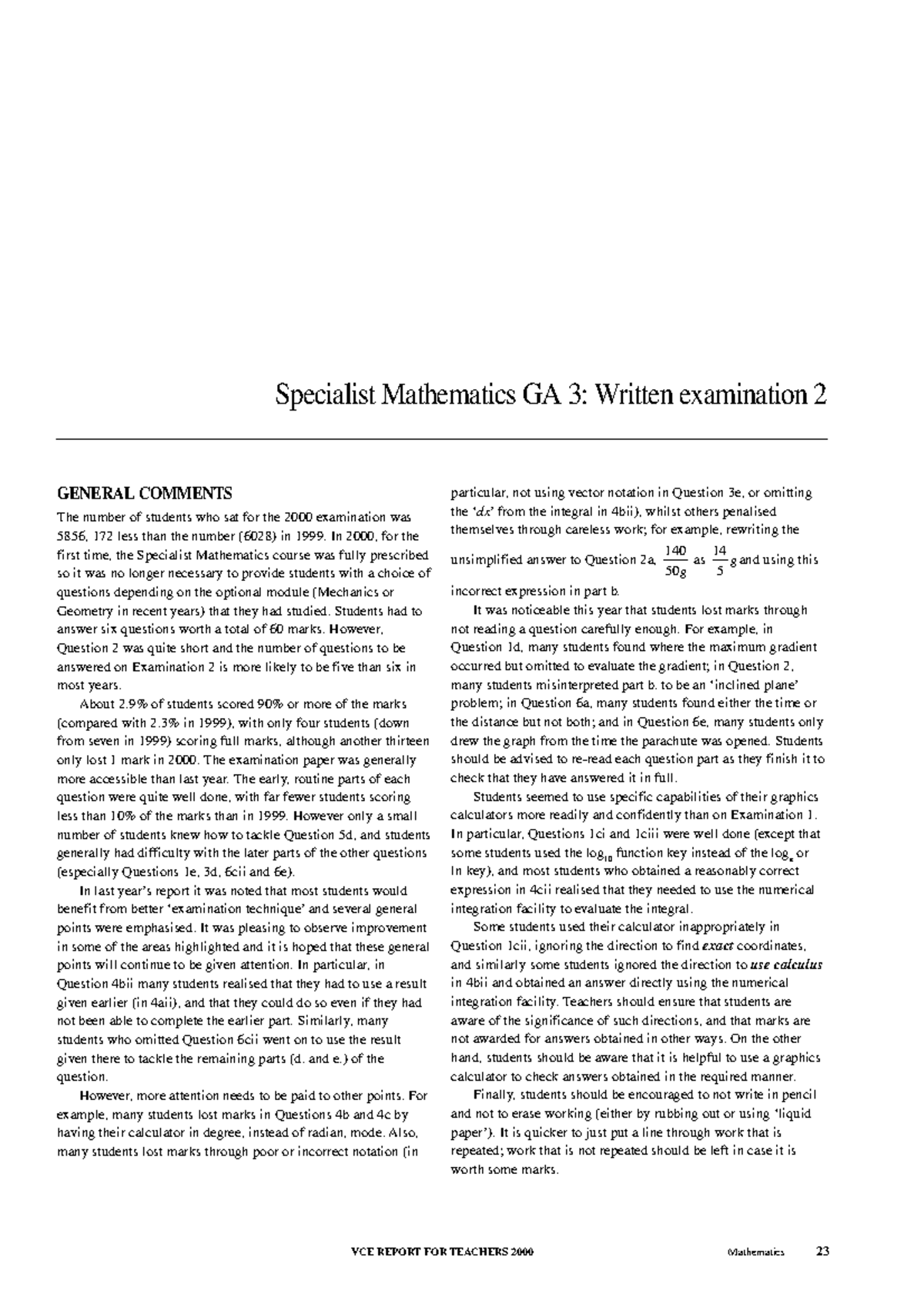 [VCE Specialist] 2000 VCAA Unit 34 Exam 2 Assessment Report - VCE ...