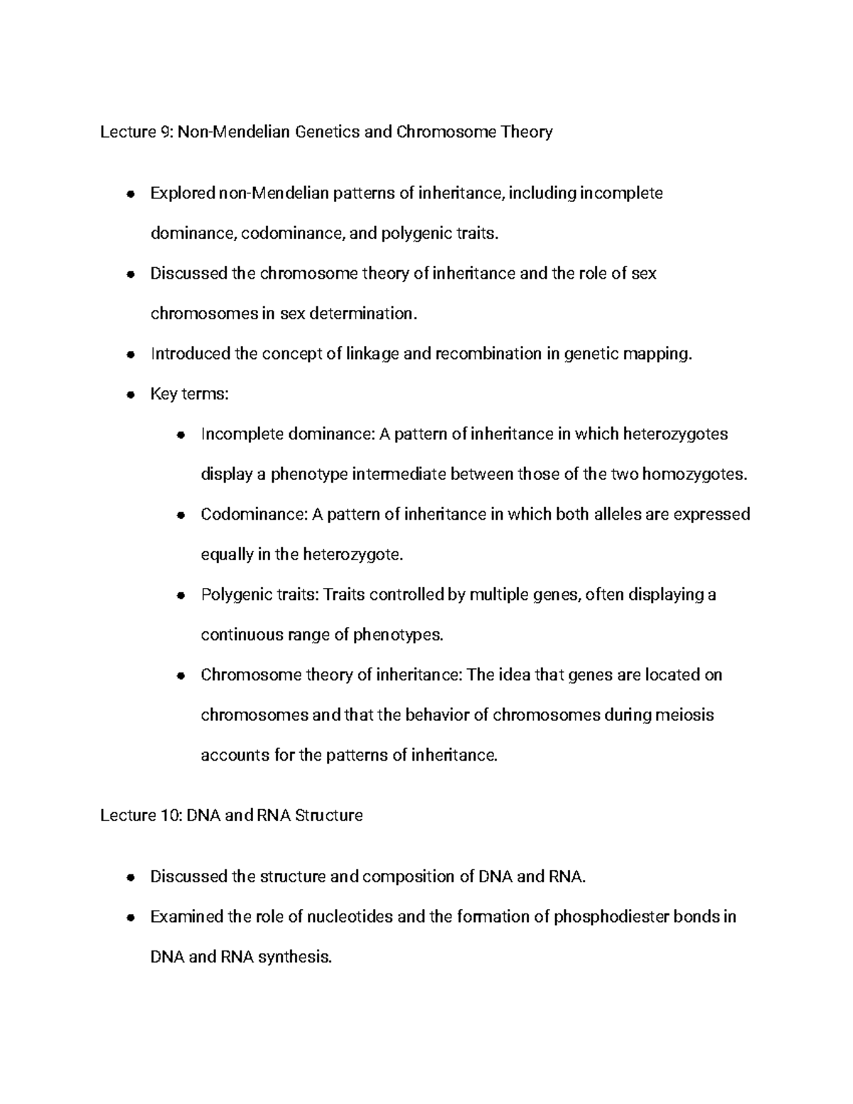 BISC207 Notes 2 - Lecture 9: Non-Mendelian Genetics and Chromosome ...