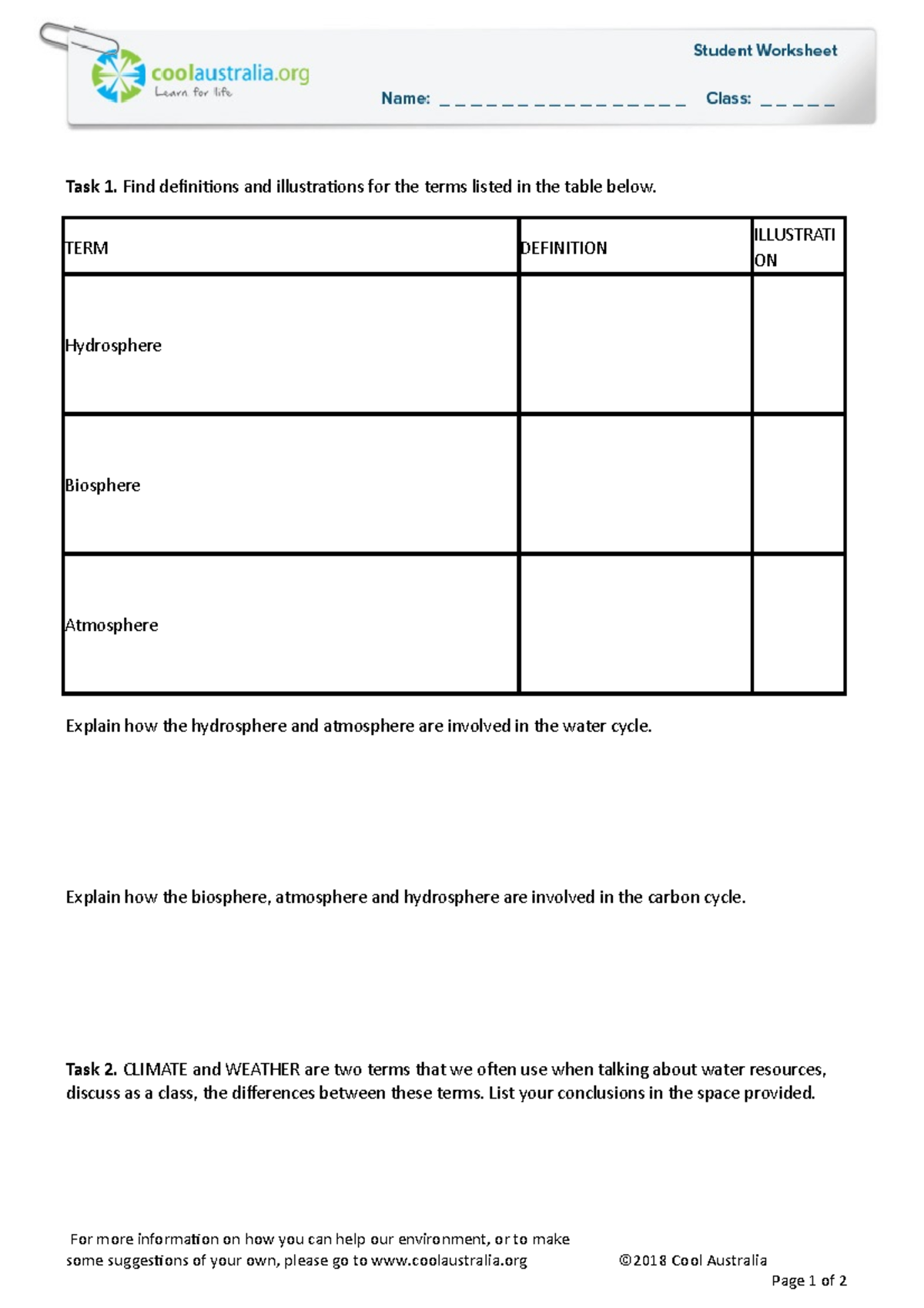 How is your hydrosphere-Student Worksheet - Task 1. Find definitions ...