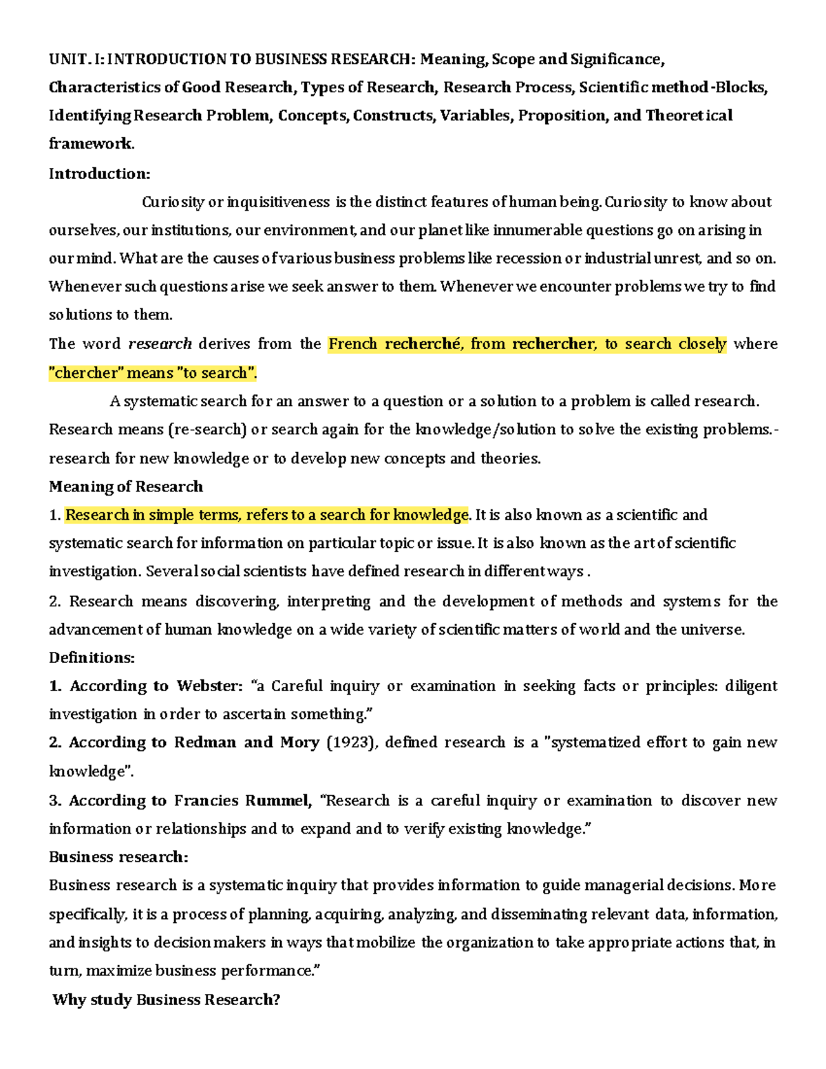 Business-Research - UNIT. I: INTRODUCTION TO BUSINESS RESEARCH: Meaning ...