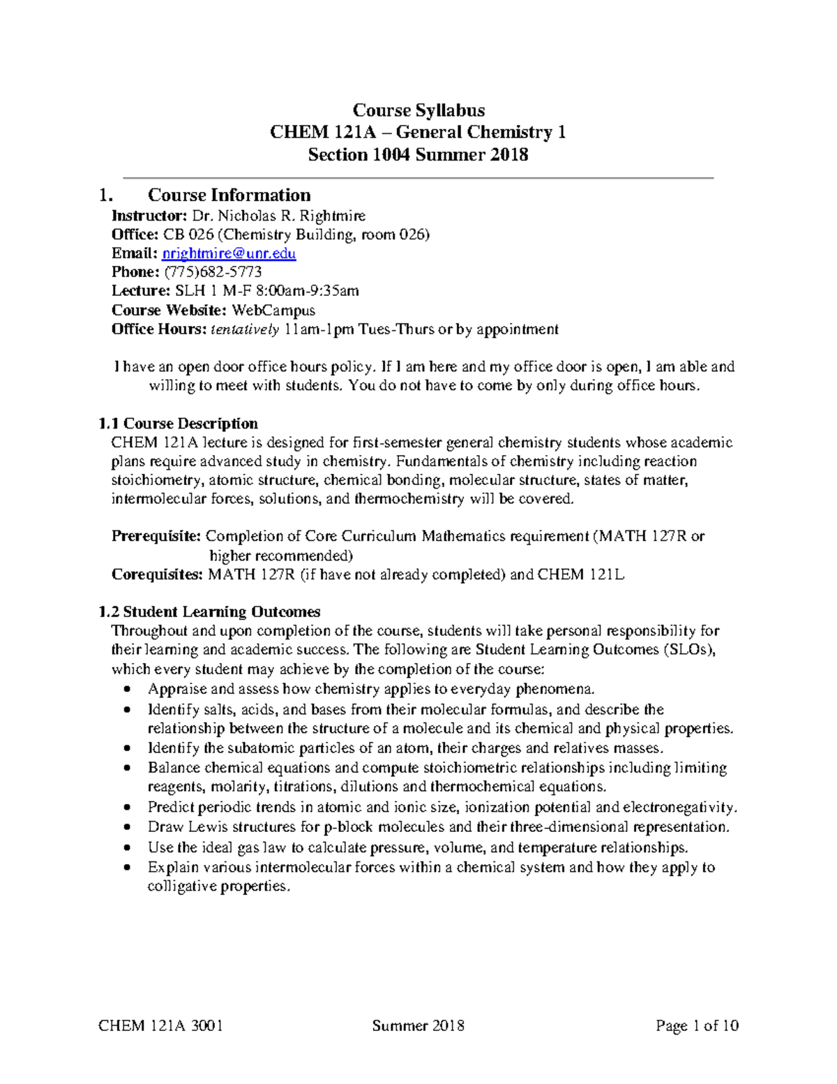 CHEM 121A Su2018 Syllabus - Course Syllabus CHEM 121A – General ...