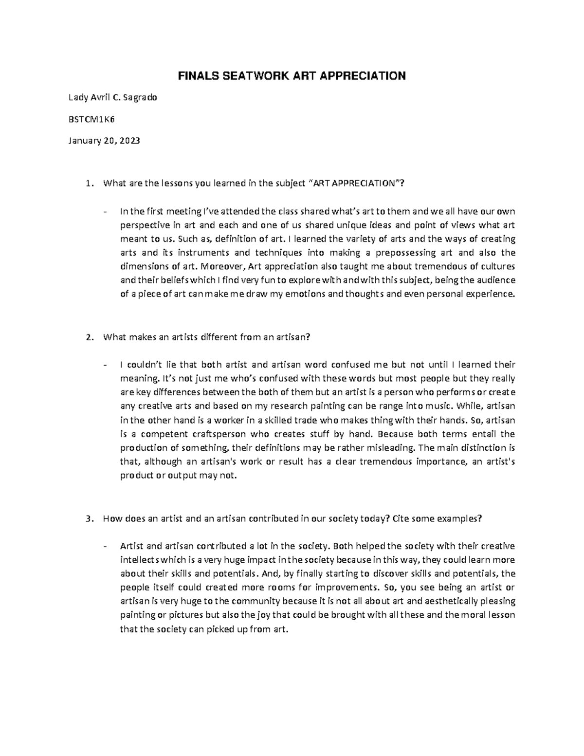Art Appreciation Essay - FINALS SEATWORK ART APPRECIATION Lady Avril C ...