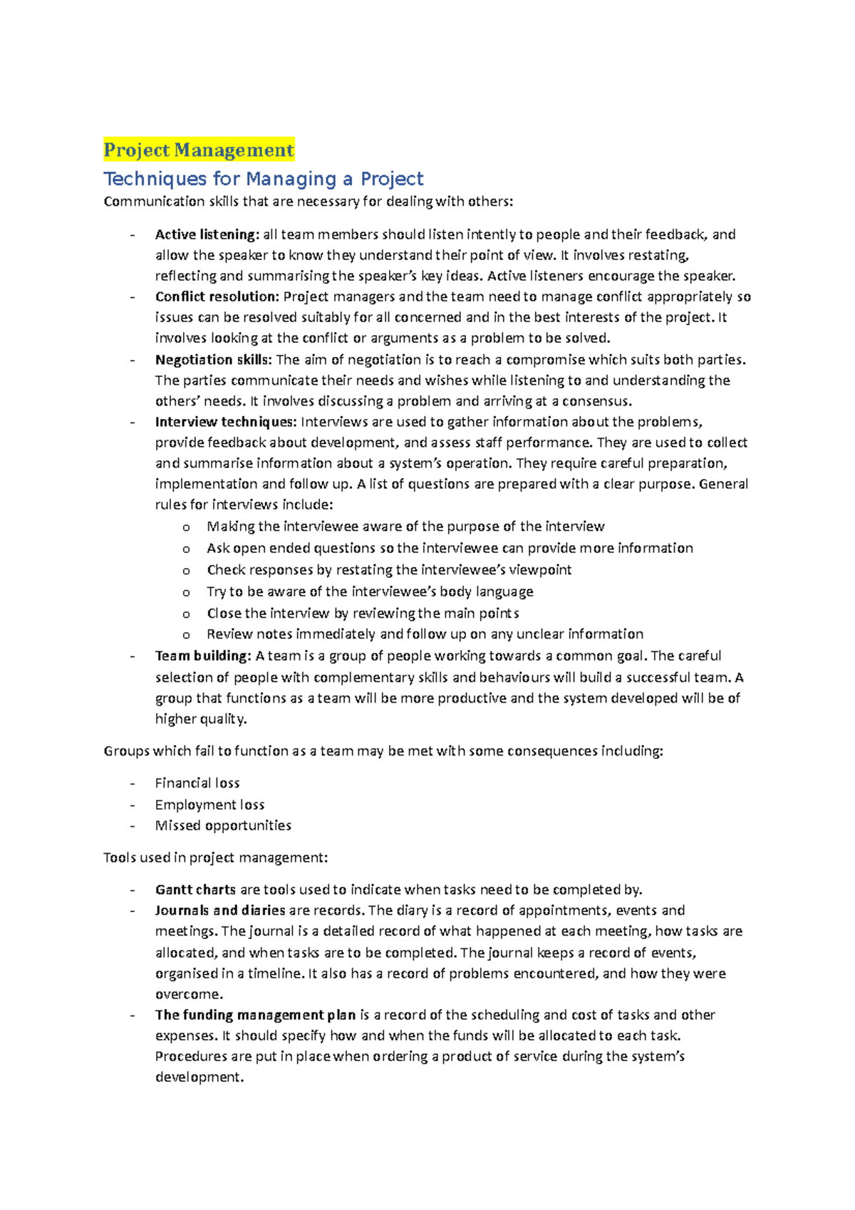 IPT Notes - Project Management Techniques for Managing a Project ...