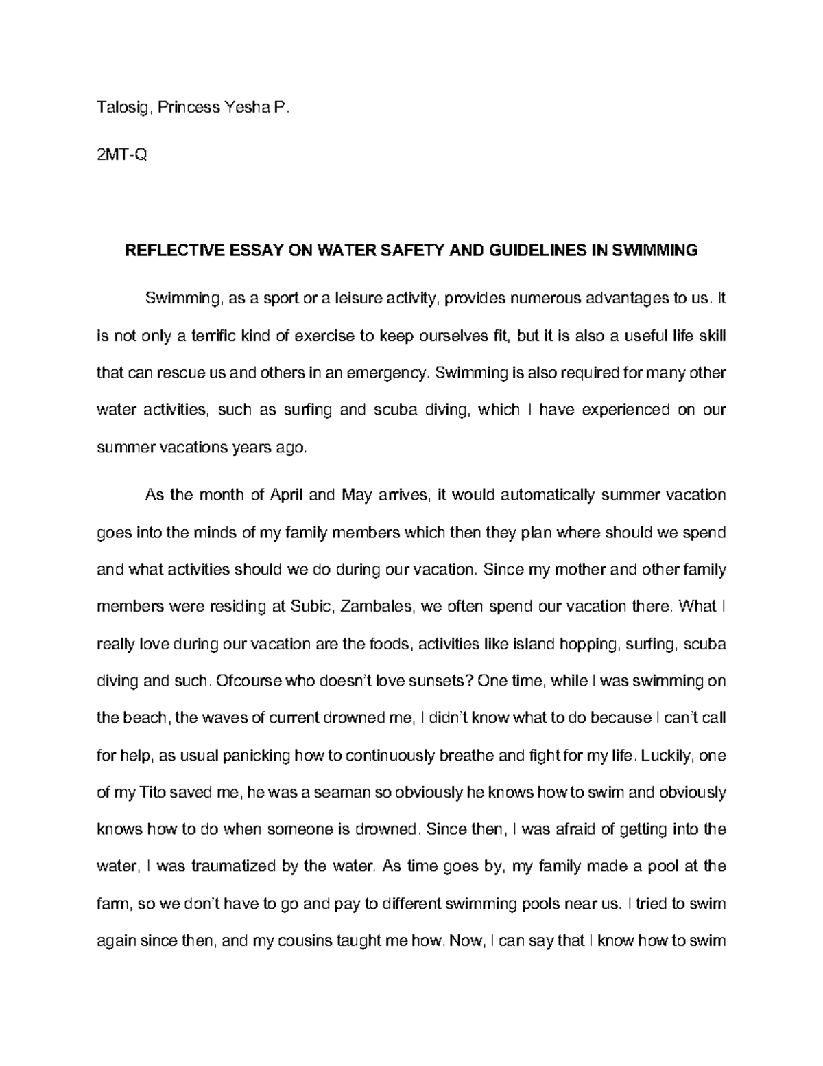 Talosig, Princess Yesha P - 2MT-Q REFLECTIVE ESSAY ON WATER SAFETY AND ...