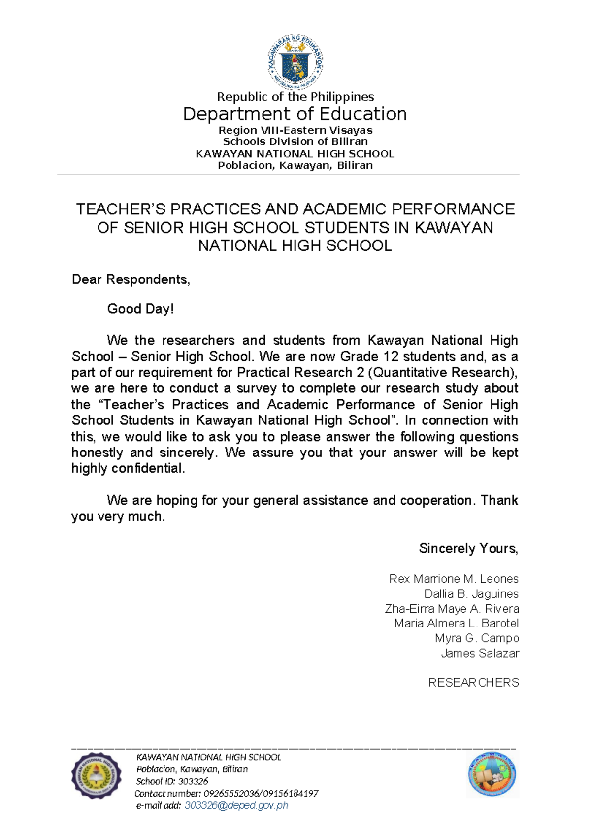 Appendix B - Sample for Letter to the Respondents - Republic of the ...