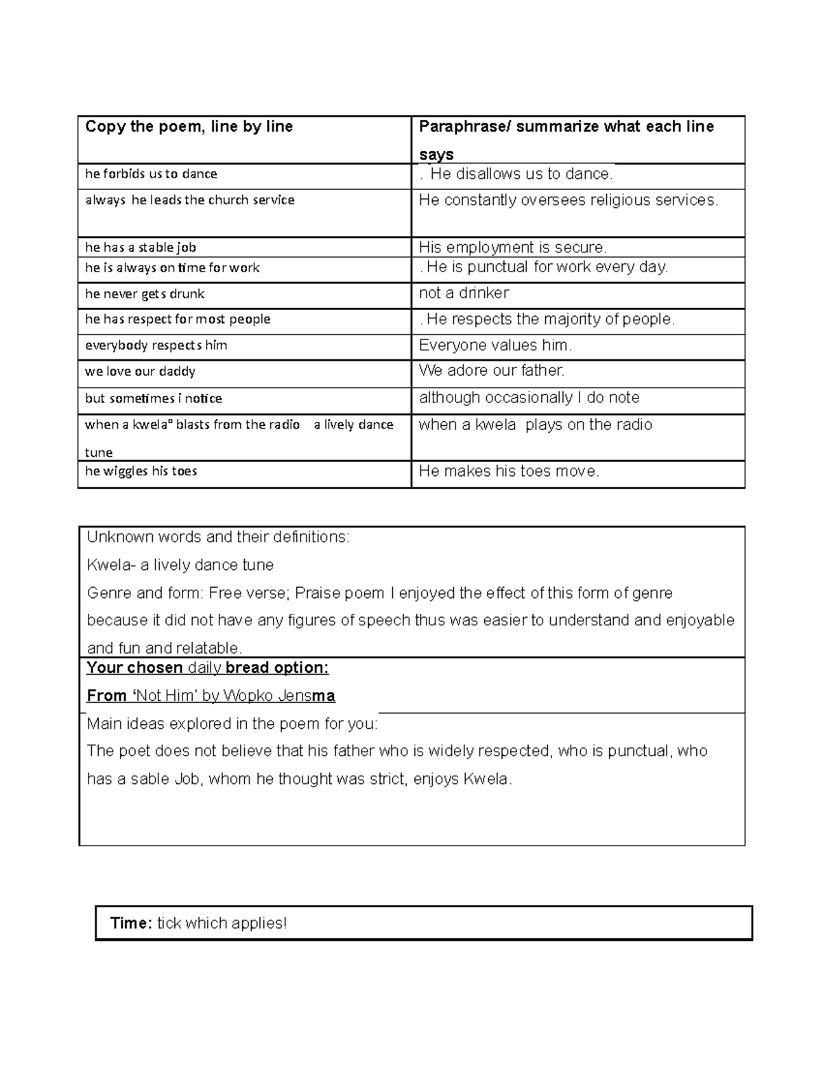 Daily bread week 1 - Copy the poem, line by line Paraphrase/ summarize ...