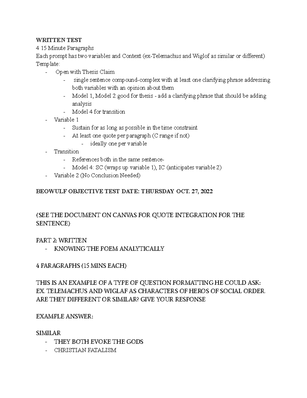 Beowulf Study Guide Written Part - WRITTEN TEST 4 15 Minute Paragraphs ...