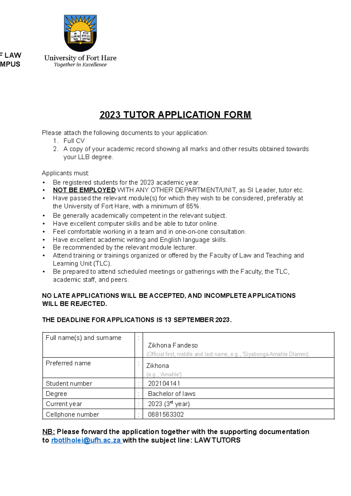 2023-LAW- Tutor- Application-FORM 0 - 2023 TUTOR APPLICATION FORM ...