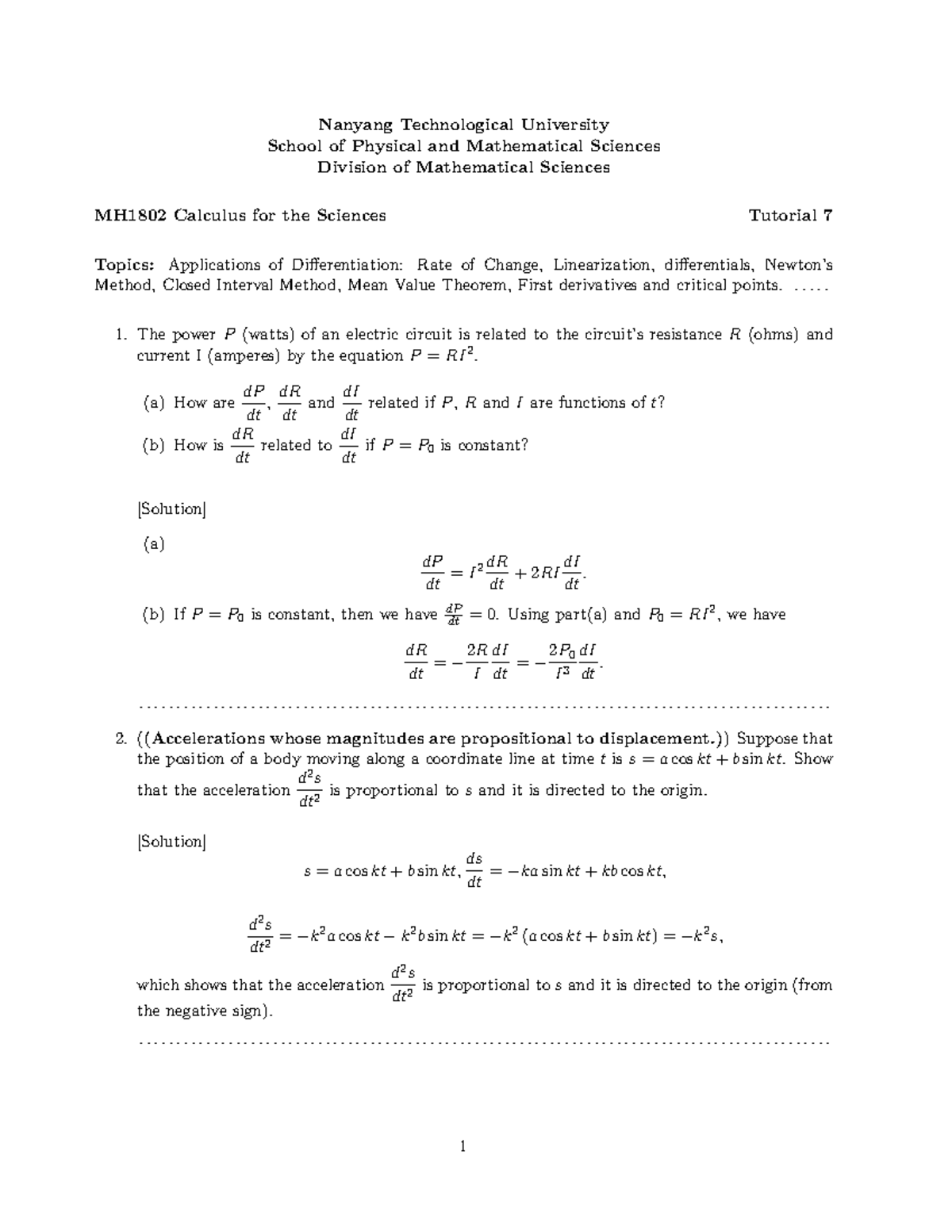 Tutorial 7 solutions - Nanyang Technological University School of ...