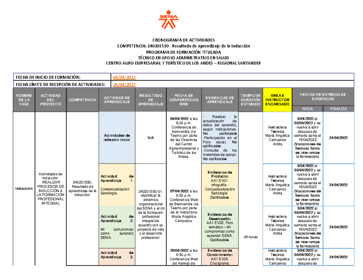 Cronograman Induccinnn 25624 dd06054 afc - CRONOGRAMA DE ACTIVIDADES COMPETENCIA: 240201530 ...