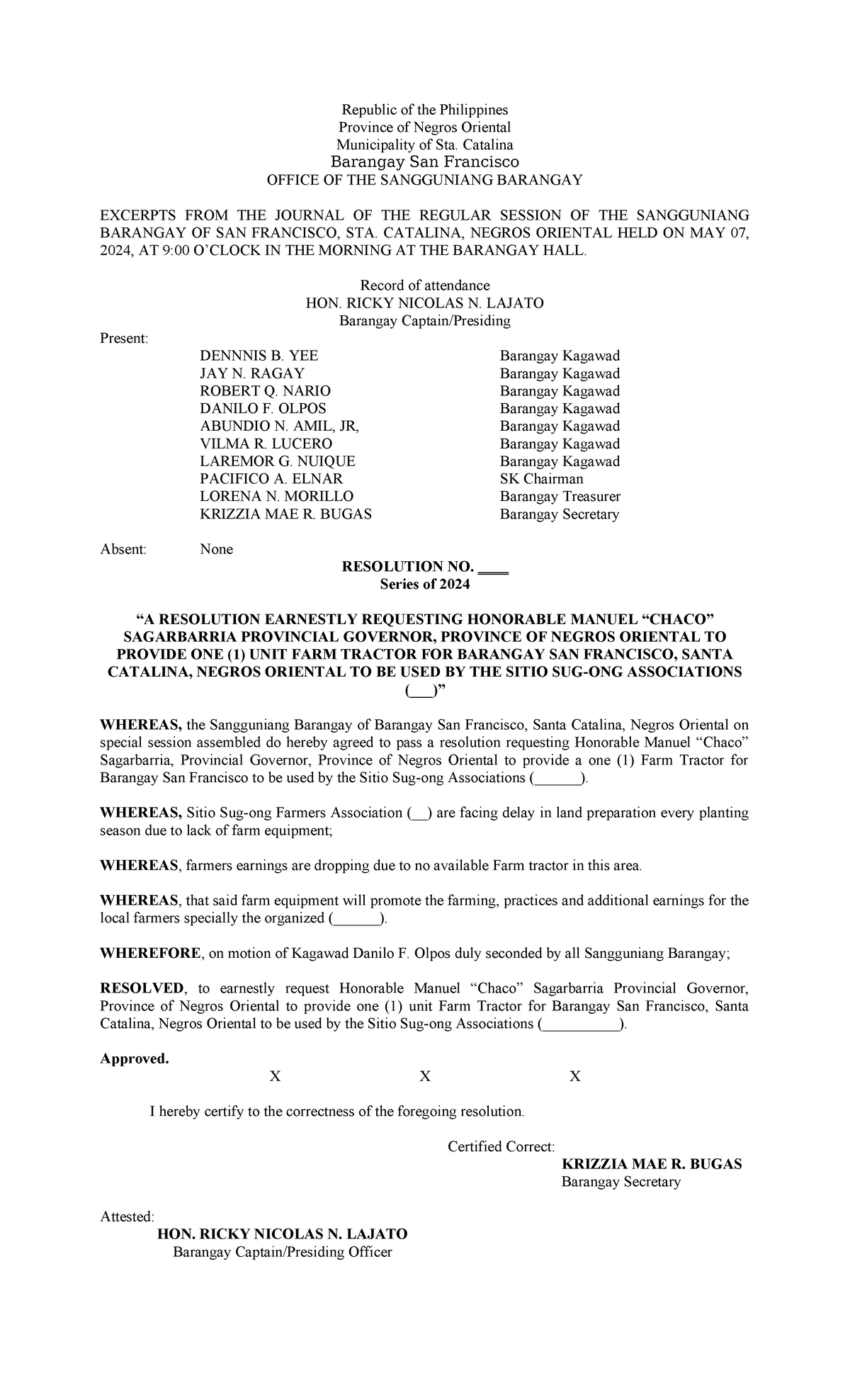 Resolution # , 2024 Request 1 unit Farm Tractor - Republic of the ...