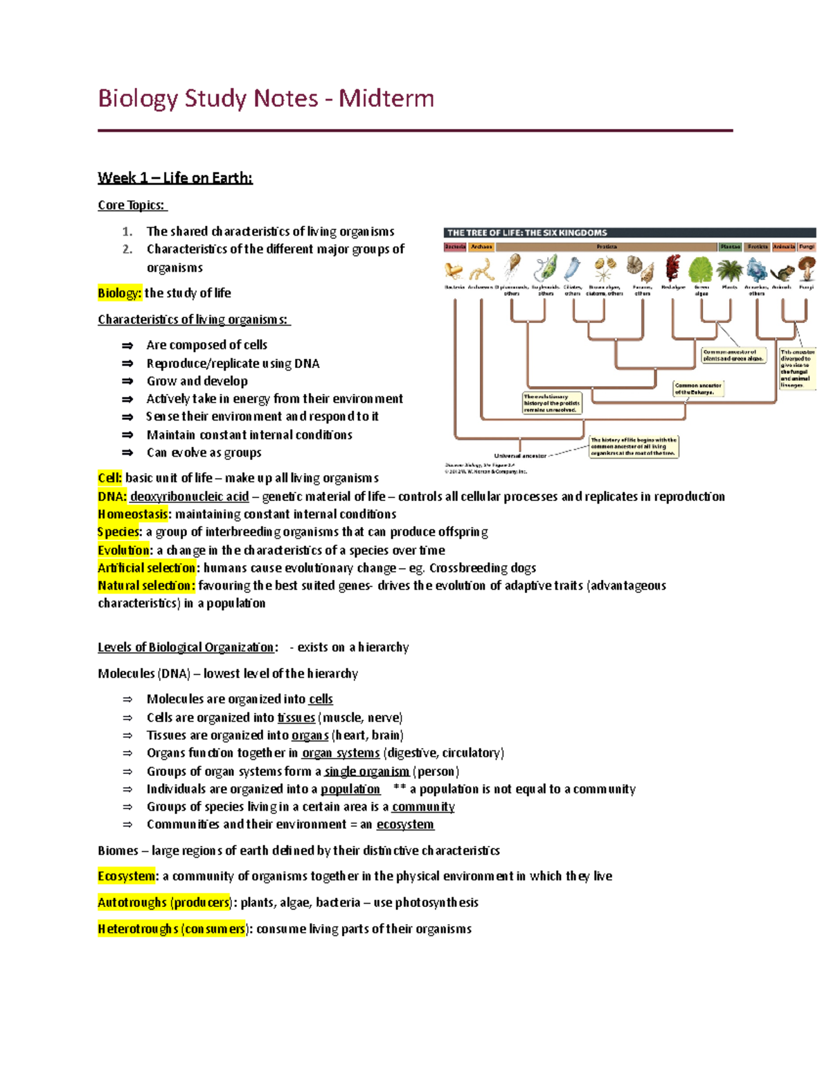 Biology - Midterm 1 notes - Biology Study Notes - Midterm Week 1 – Life ...
