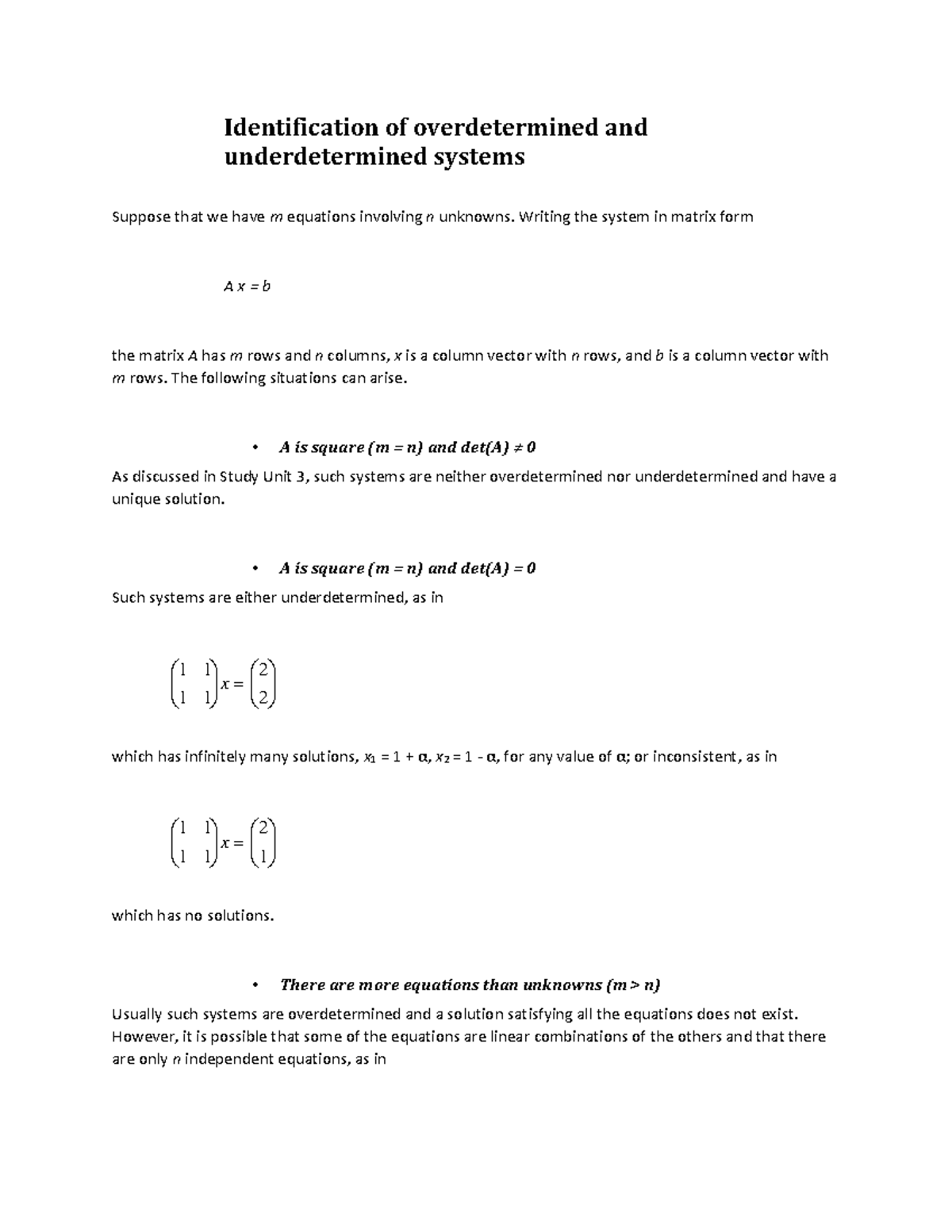 Identification of overdetermined and underdetermined systems - Warning ...