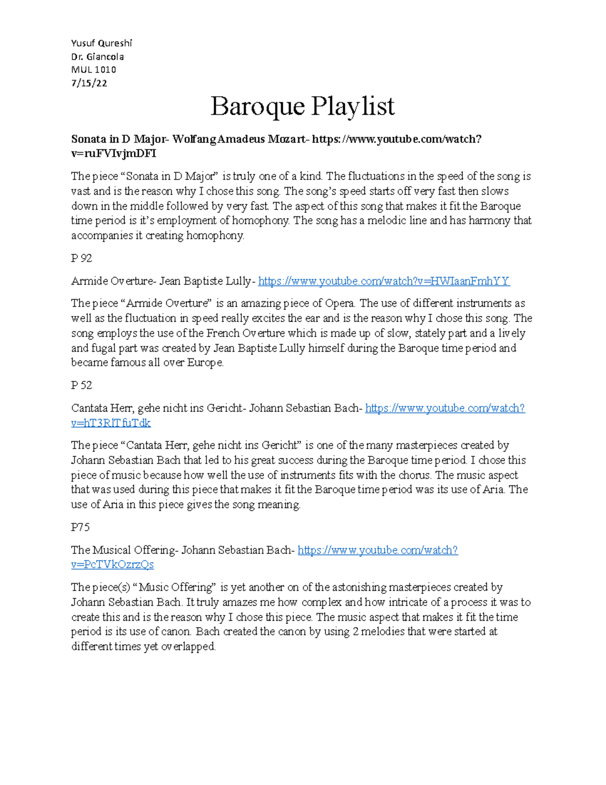 Baroque Playlist - general assignment - Yusuf Qureshi Dr. Giancola MUL ...