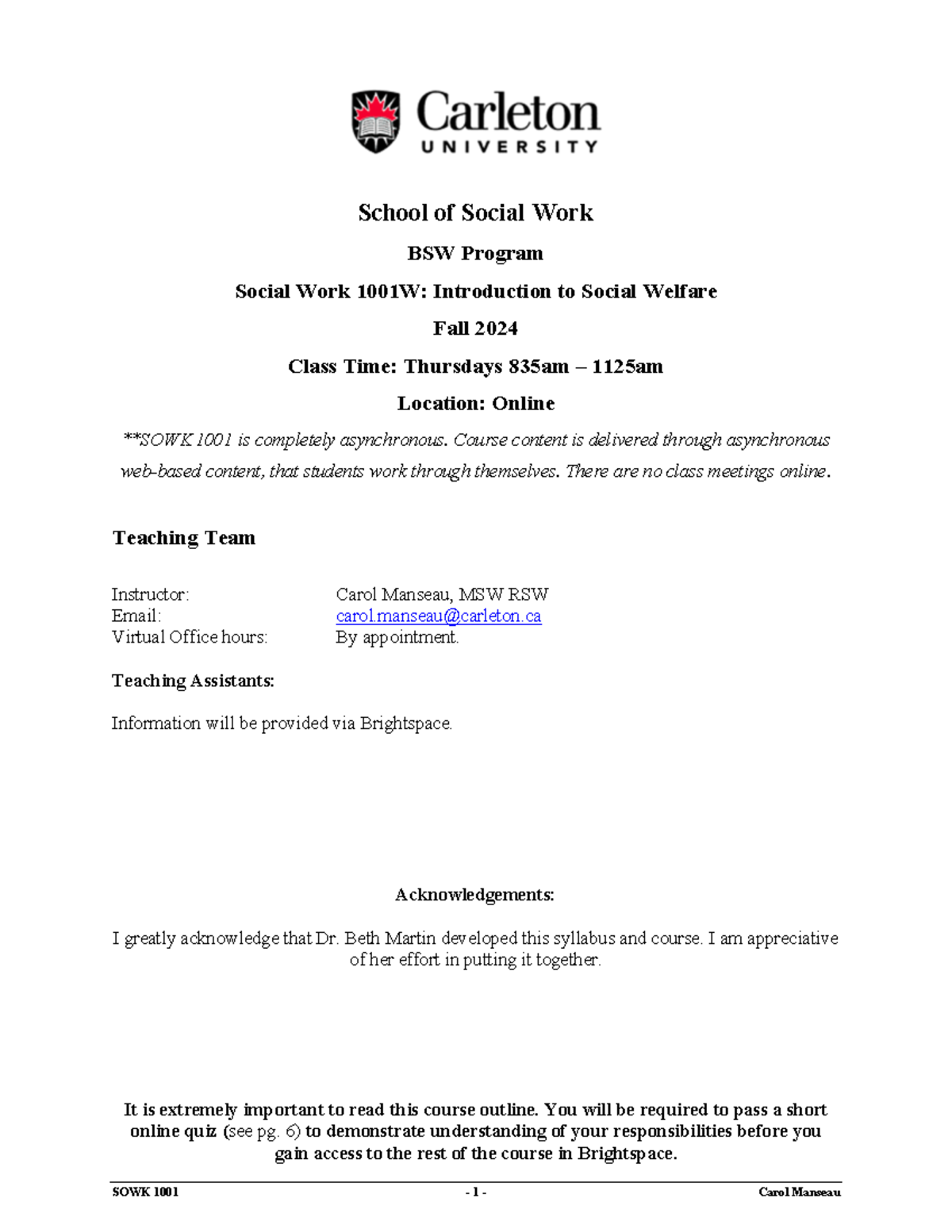 SOWK 1001 Syllabus - School of Social Work BSW Program Social Work 100 ...