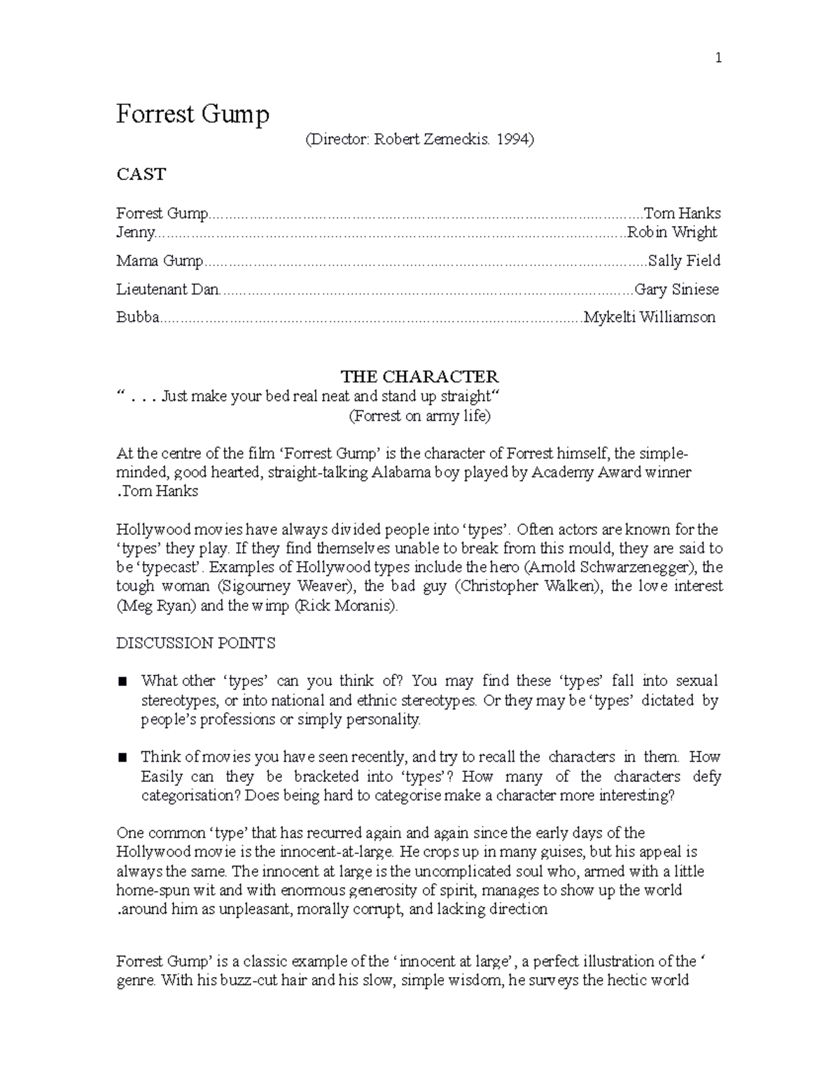 Forrest Gump (Study Guide) - Forrest Gump (Director: Robert Zemeckis ...