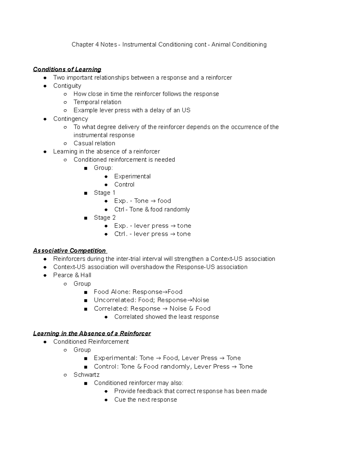 Chapter 4 Notes - Instrumental Conditioning cont - Animal Conditioning ...
