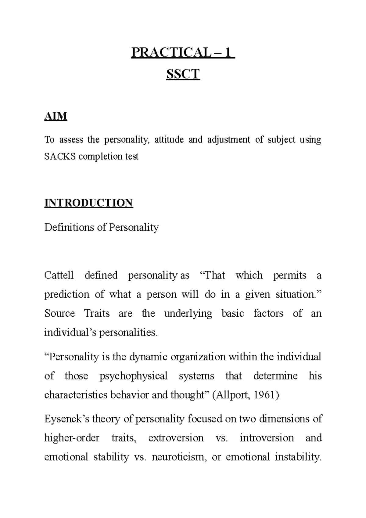 Practical - 1 ssct - PRACTICAL – 1 SSCT AIM To assess the personality ...